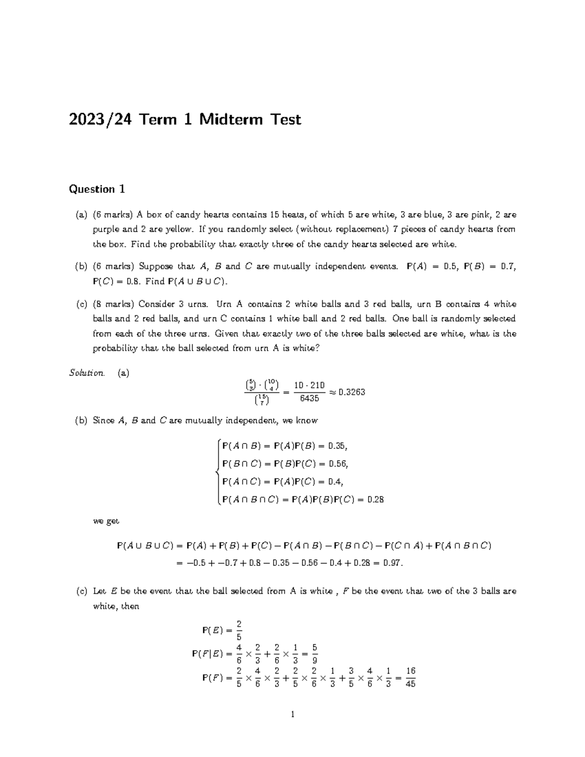 STAT2001 A Midterm Test Answer 2324 - 2023/24 Term 1 Midterm Test ...