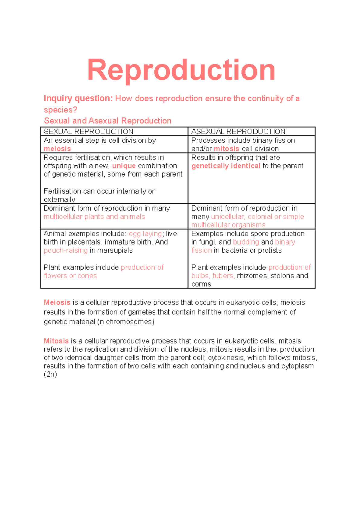 Full Course Notes - biology - Reproduction Inquiry question: How does ...