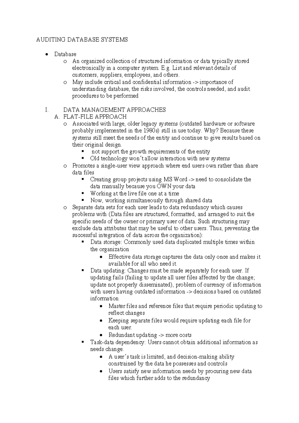 Auditing Database Systems Auditing Database Systems Database O An