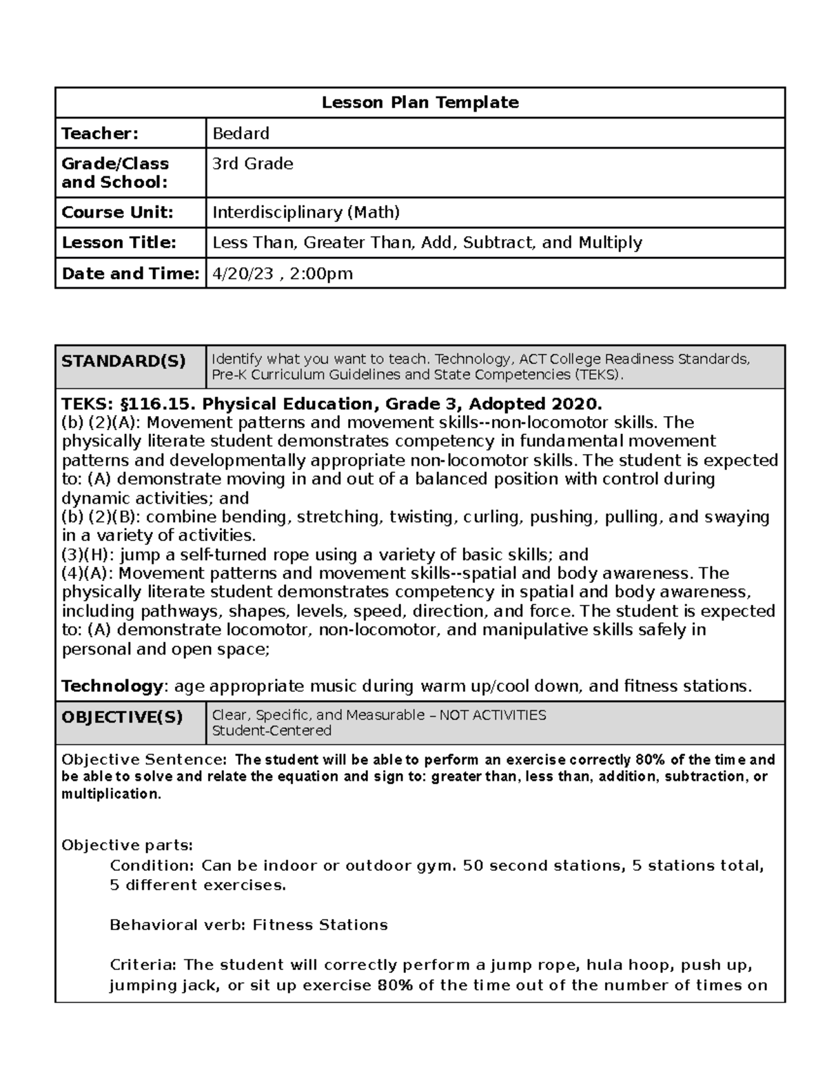 Lesson plan 2 bedard - Lesson Plan Template Teacher: Bedard Grade/Class ...