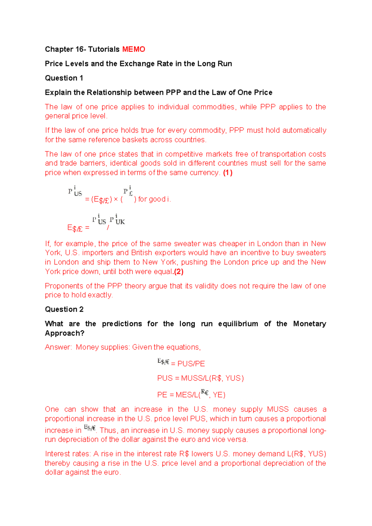 Chapter 16- MEMO - Memo - Chapter 16- Tutorials MEMO Price Levels and the Exchange Rate in the ...
