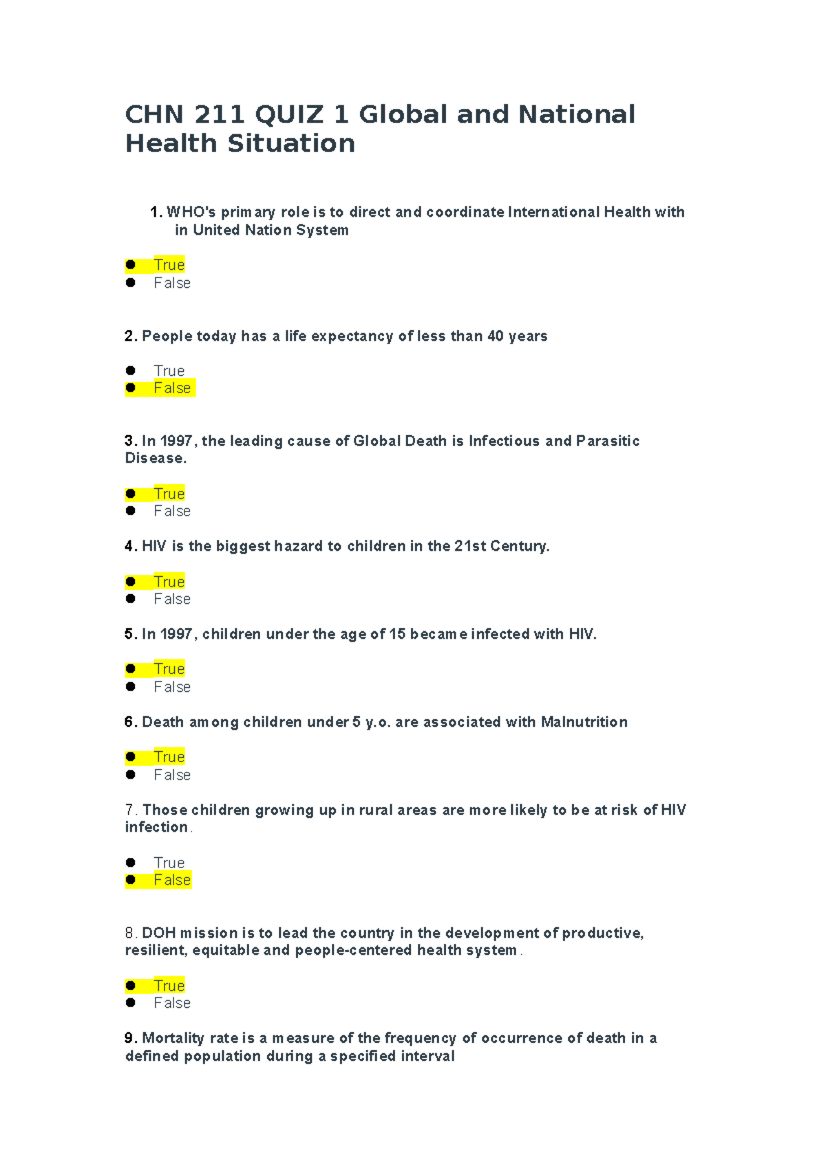 CHN 211 Global and National Health Situation - CHN 211 QUIZ 1 Global and National Health ...