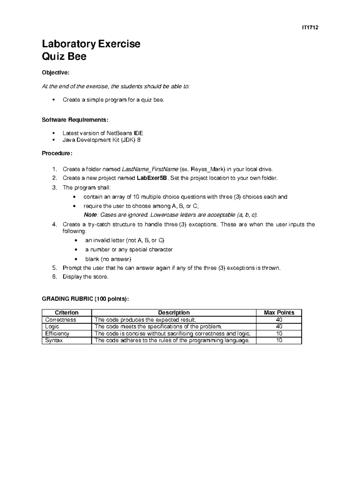 05 Laboratory Exercise 2(3) Computer Programming 2 - IT Laboratory Exercise Quiz Bee Objective ...
