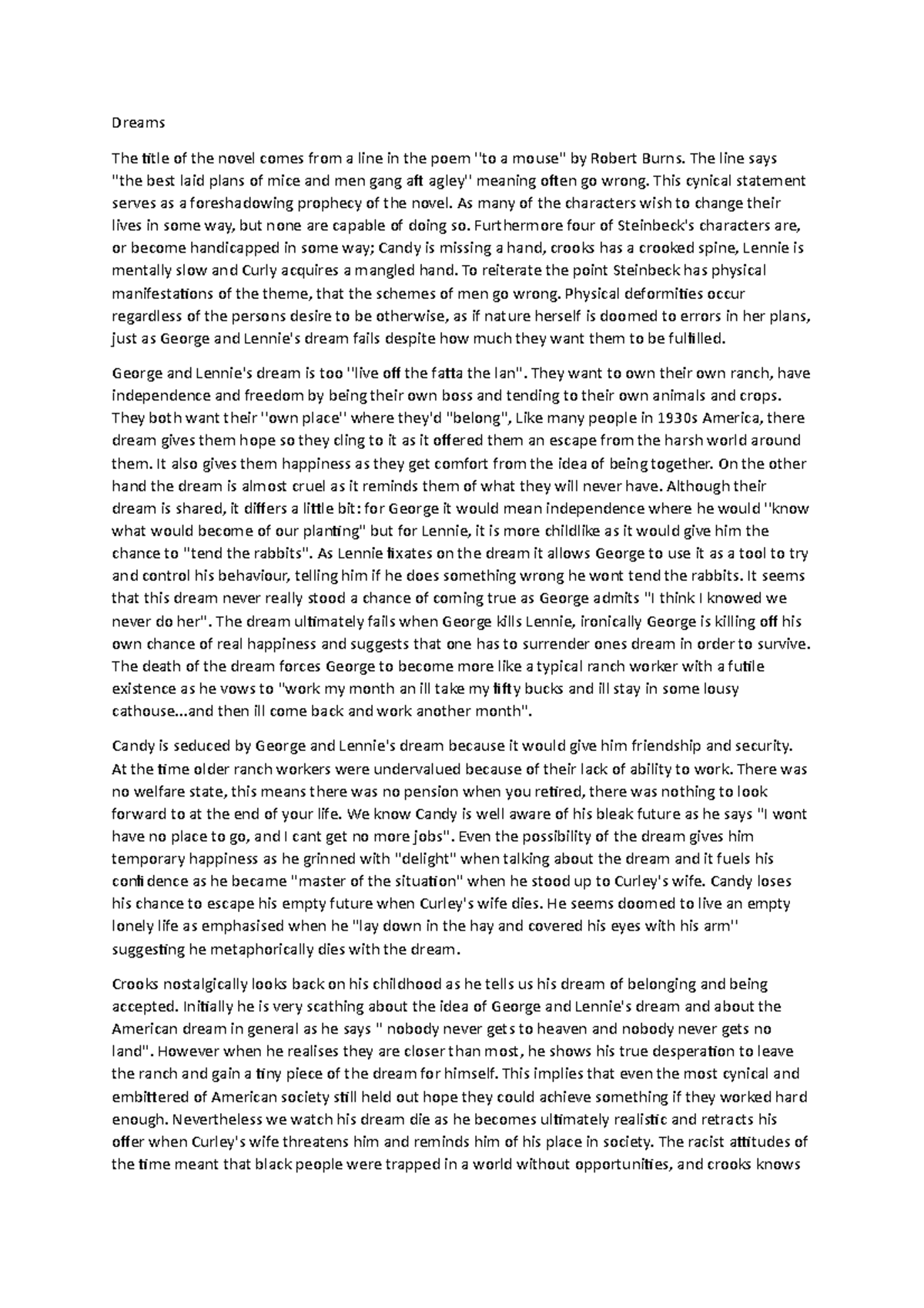 Dreams omam - of mice and men - Dreams The title of the novel comes ...