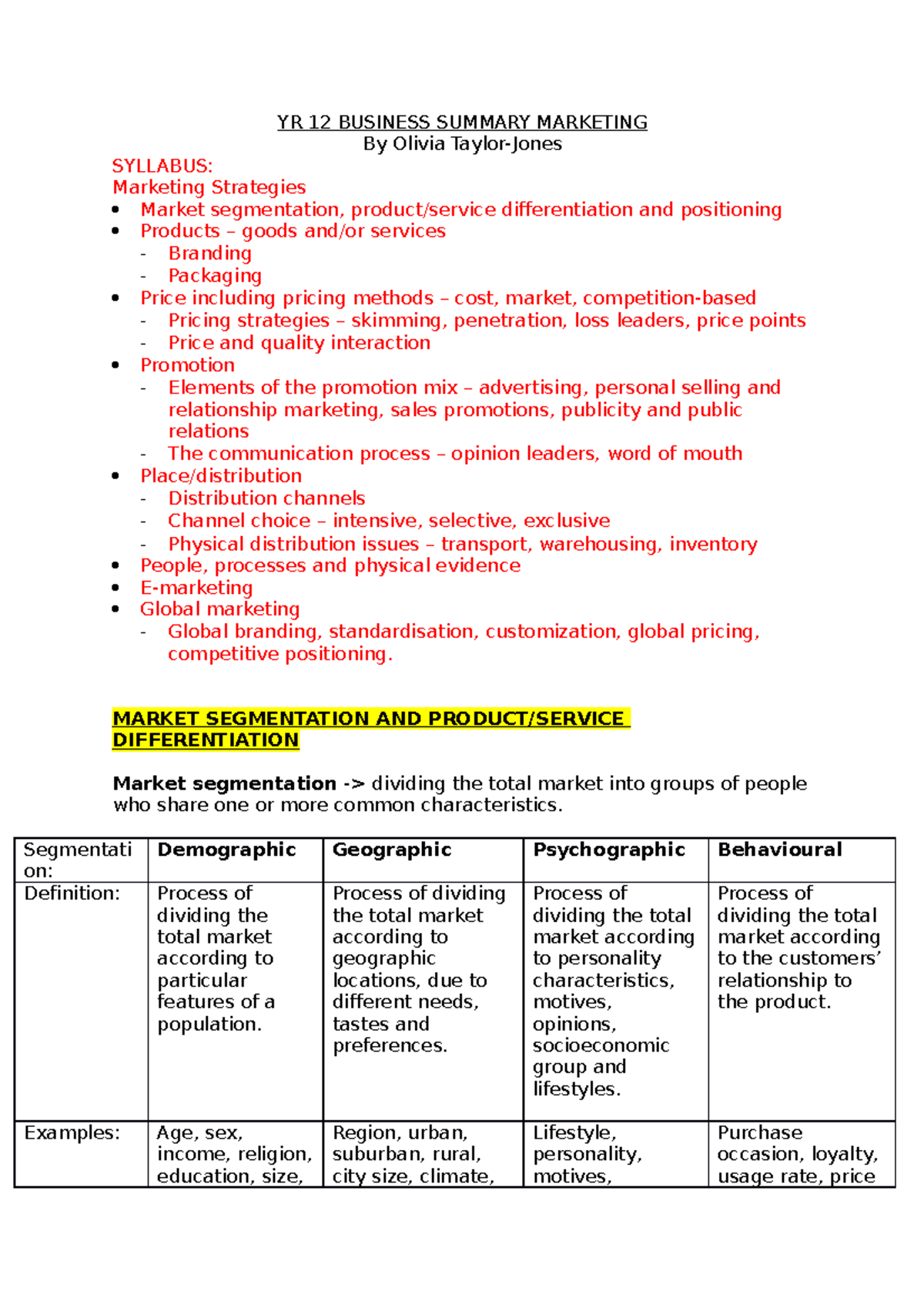Marketing Strategies - n/a - YR 12 BUSINESS SUMMARY MARKETING By Olivia ...