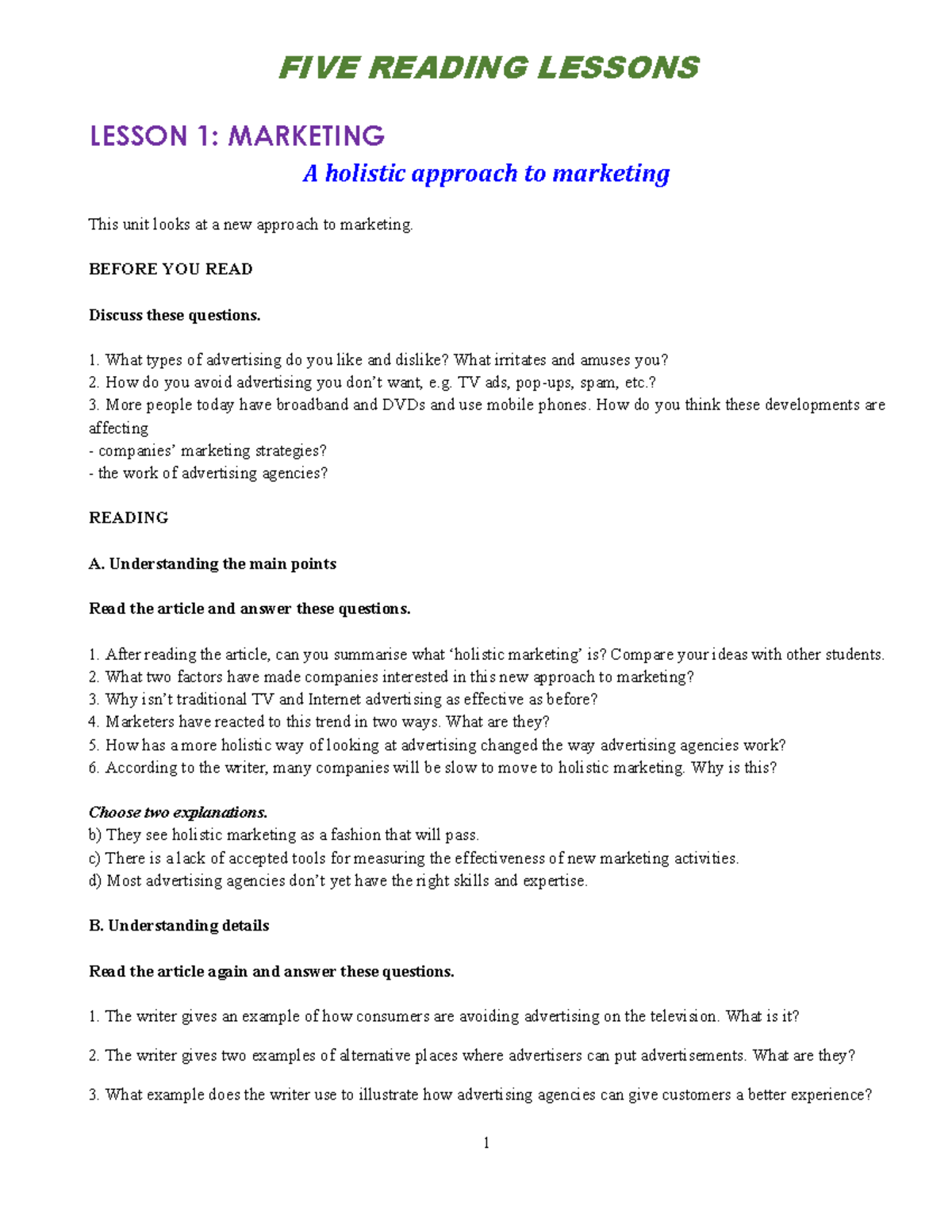 5 Reading lessons M2 - FIVE READING LESSONS LESSON 1: MARKETING A ...