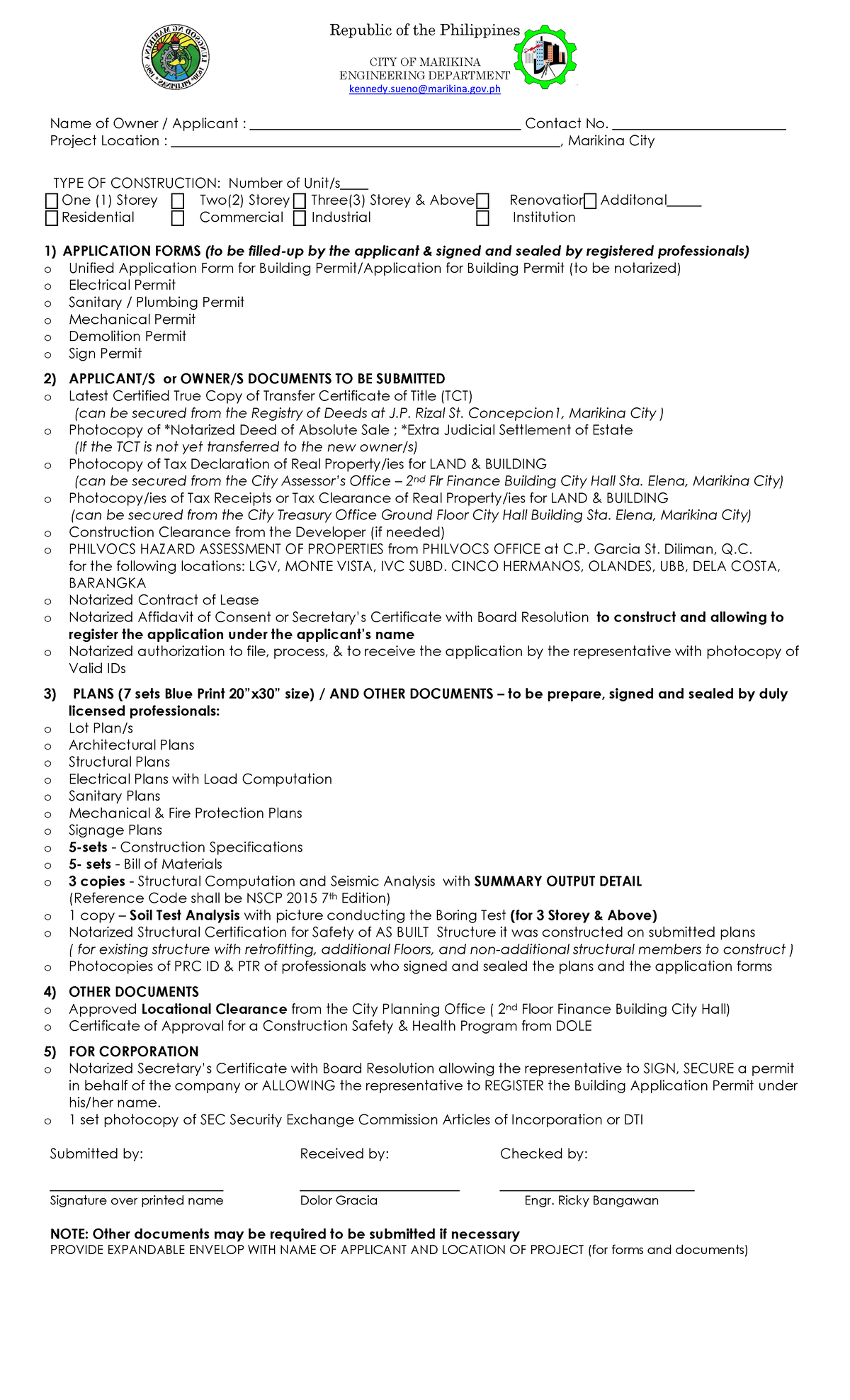 Unified FOR Building Permit - Republic of the Philippines CITY OF ...