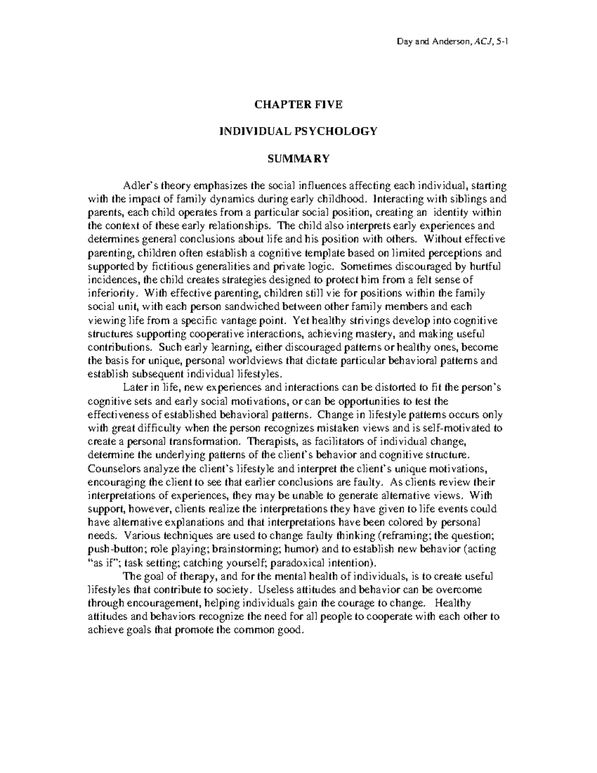 Chapter 5 - adler - psychology - CHAPTER FIVE INDIVIDUAL PSYCHOLOGY ...