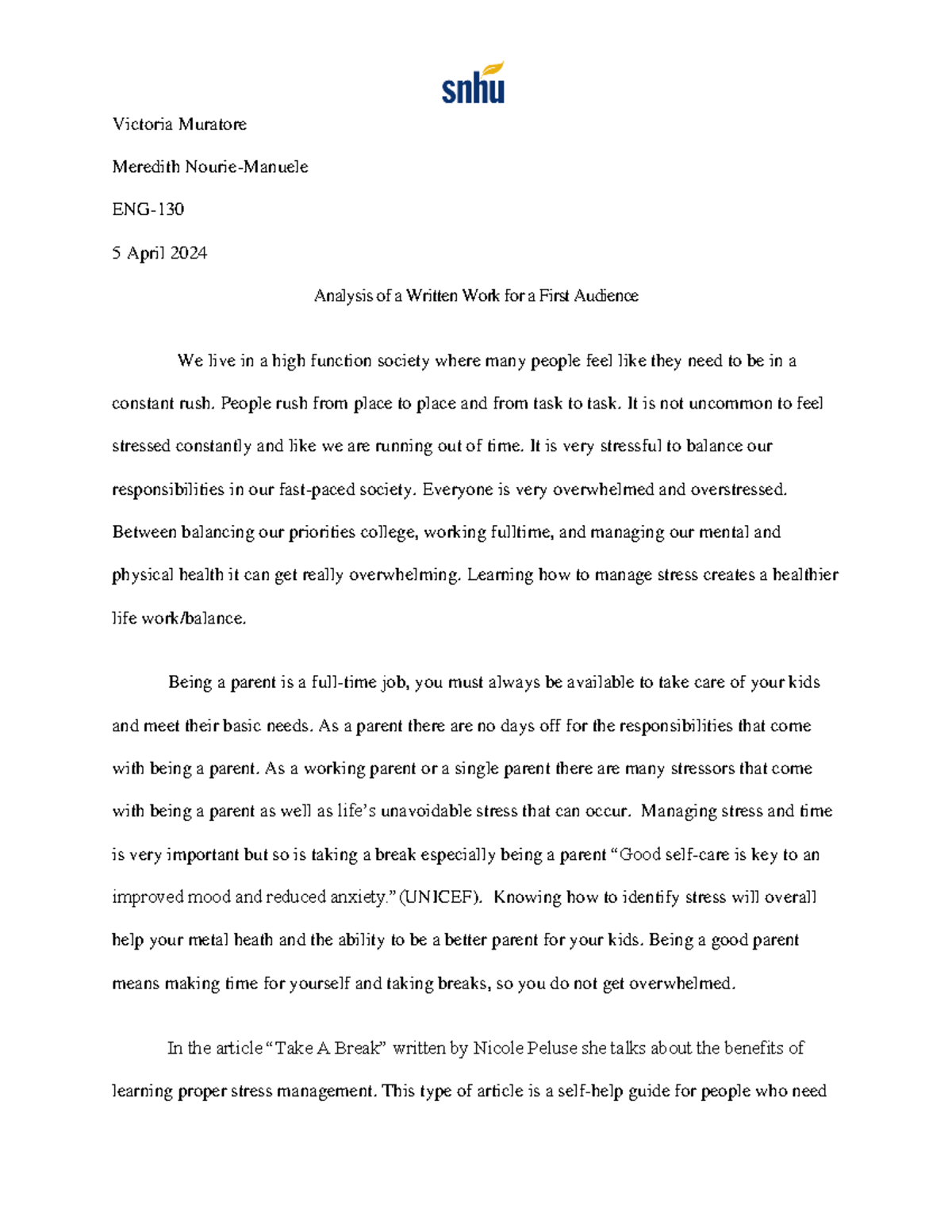 ENG 130 Module Five Analysis of a Written Work for a First Audience MLA Template - Victoria ...
