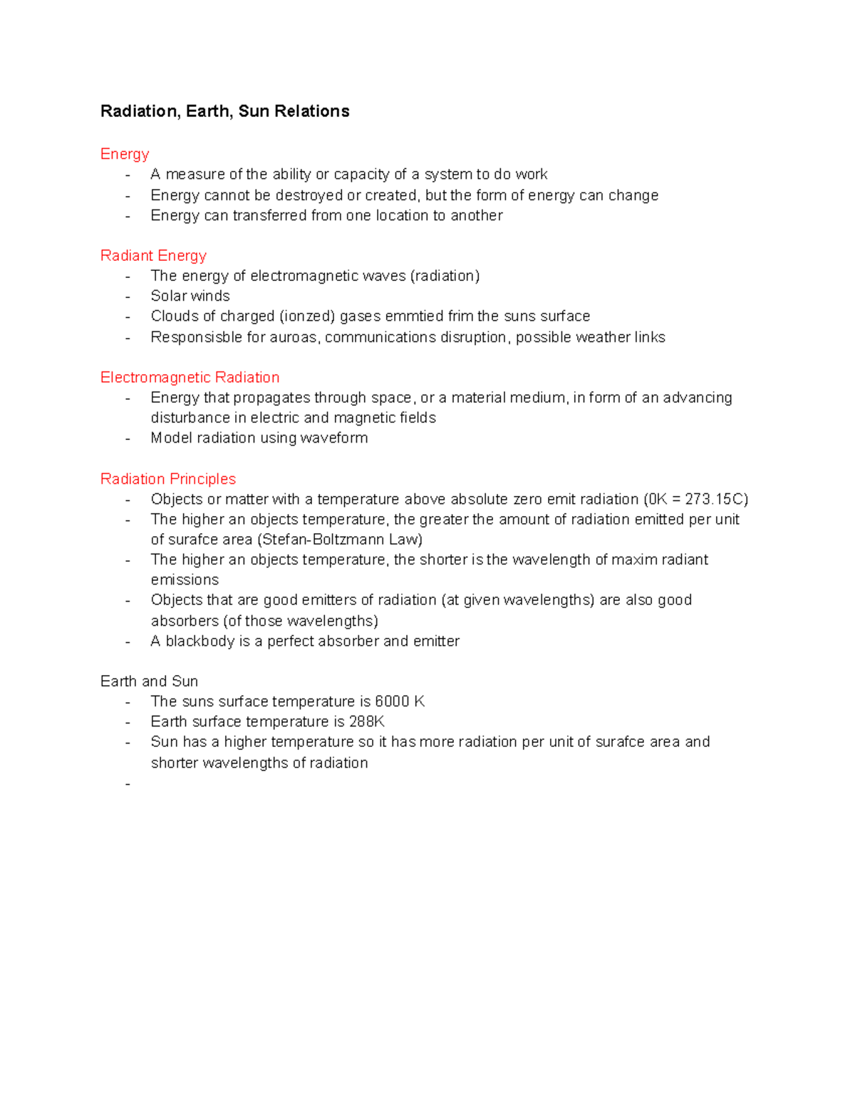 Geo Lecture notes 9/26 - Radiation, Earth, Sun Relations Energy - A ...