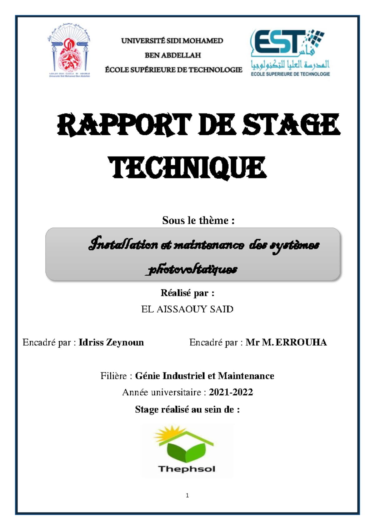 Rapport DE Stage Technique Installation - RAPPORT DE STAGE TECHNIQUE ...