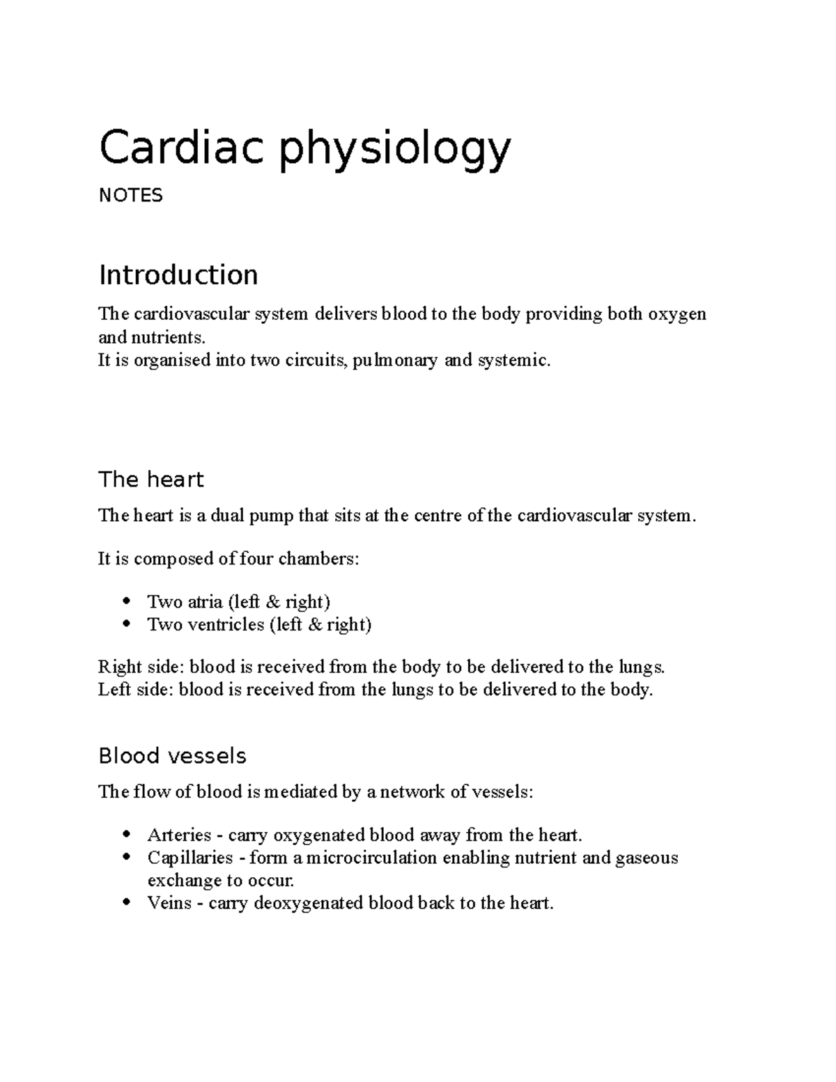 Cardiac physiology - Lecture notes 1 - Cardiac physiology NOTES ...