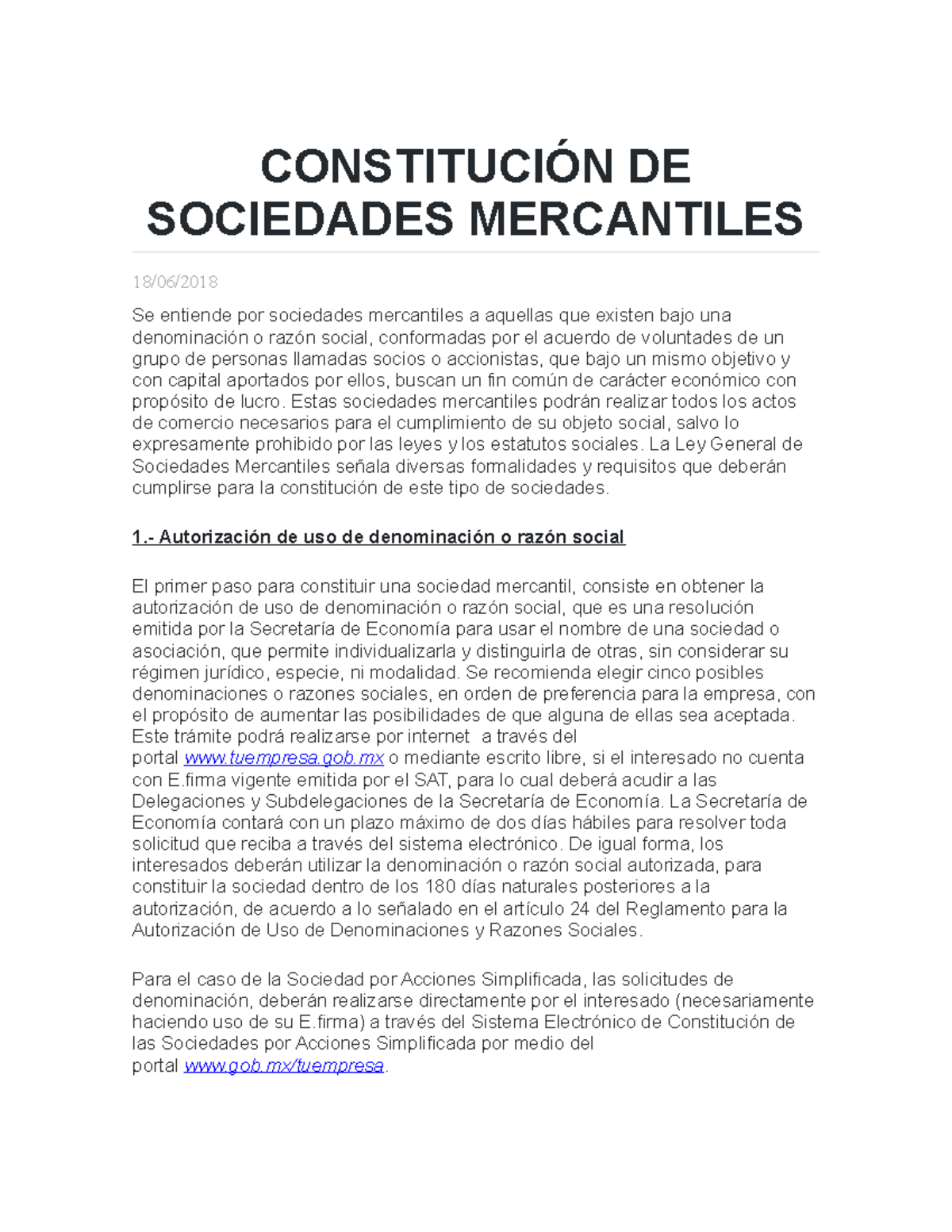 Constitución DE Sociedades Mercantiles - CONSTITUCIÓN DE SOCIEDADES MERCANTILES 18/06/ Se ...