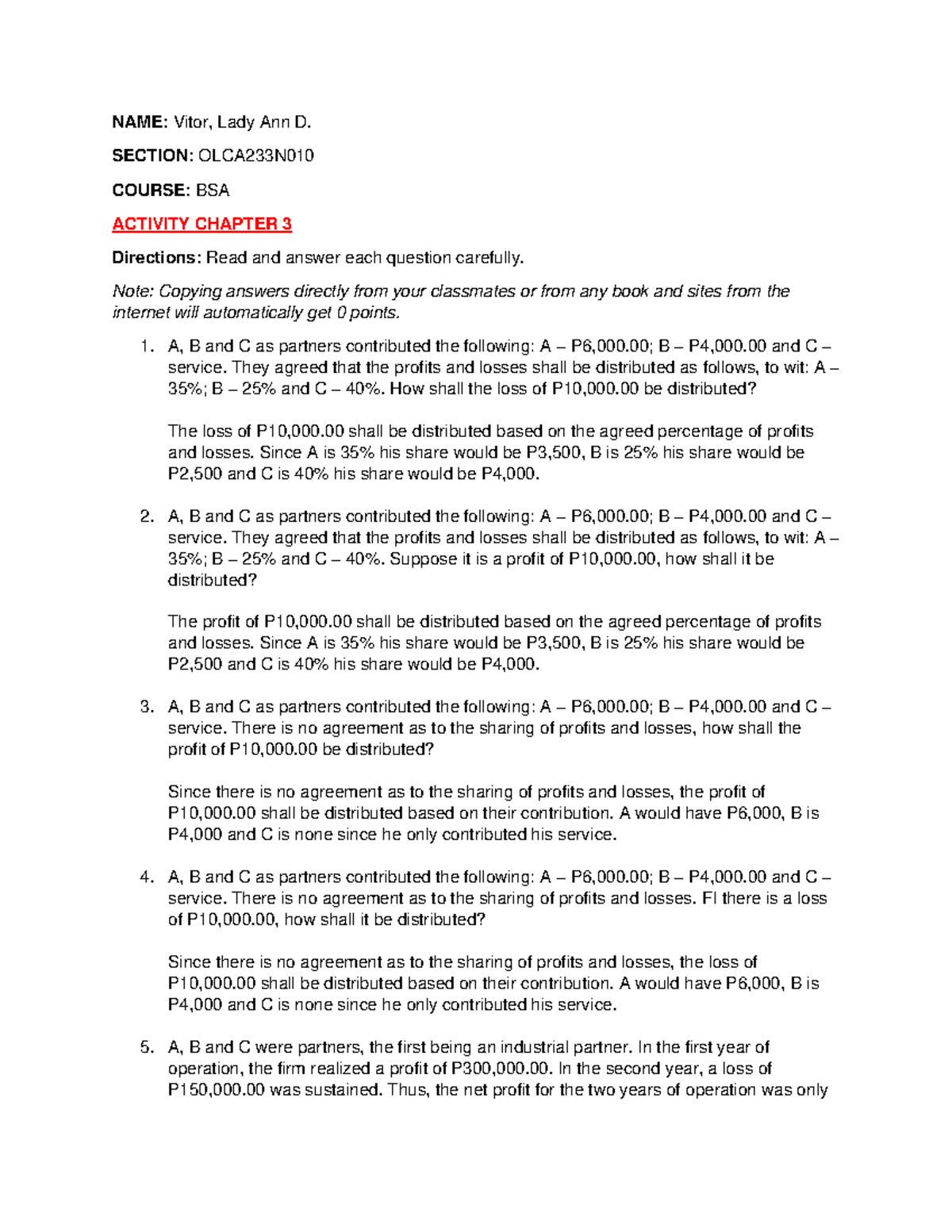 Activity Chapter 3-BL07 - NAME: Vitor, Lady Ann D. SECTION: OLCA233N COURSE: BSA ACTIVITY ...