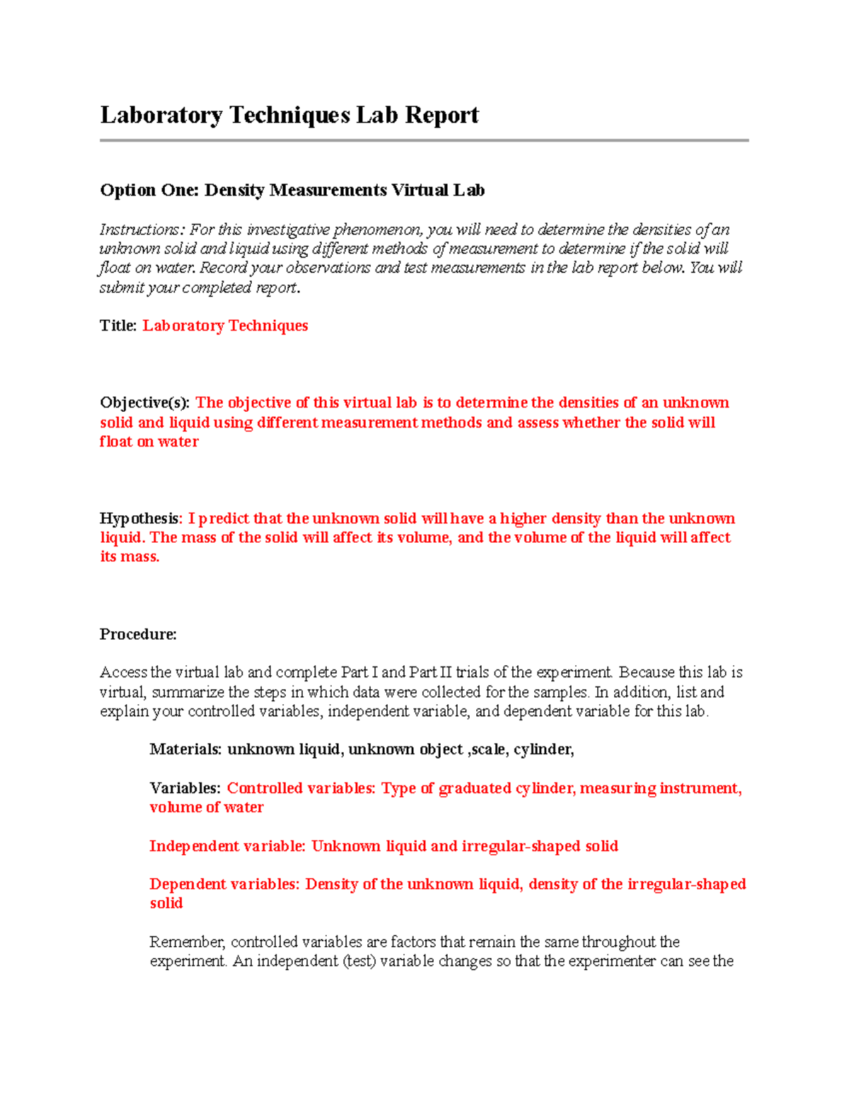 Laboratory techniques option one report - Laboratory Techniques Lab ...