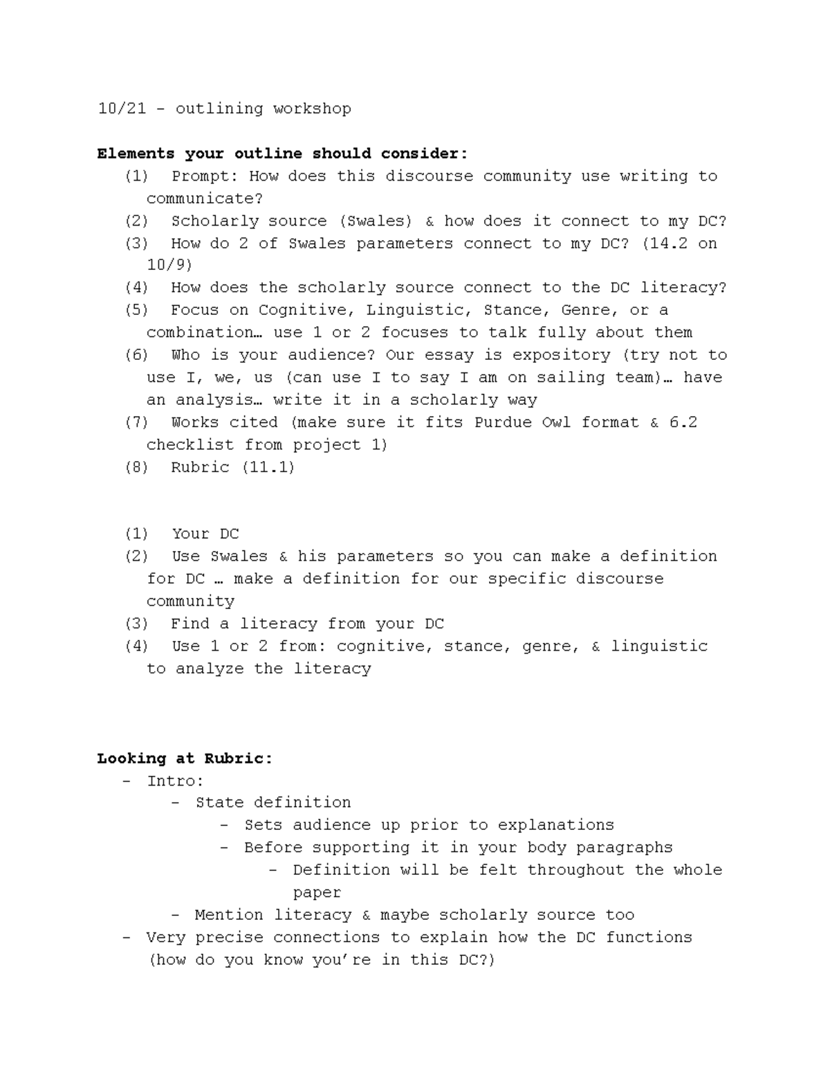 Discourse Community - Outline - 10/21 - outlining workshop Elements ...