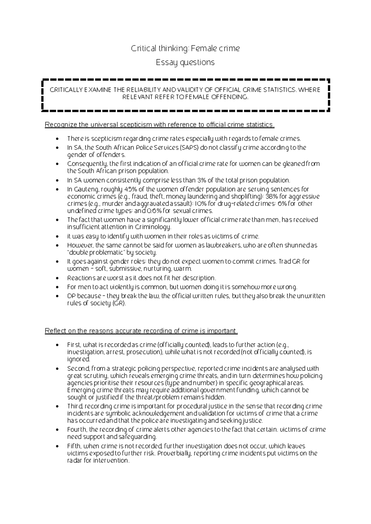 KRM Sec ATest 1 - Notes - Critical thinking: Female crime Essay ...