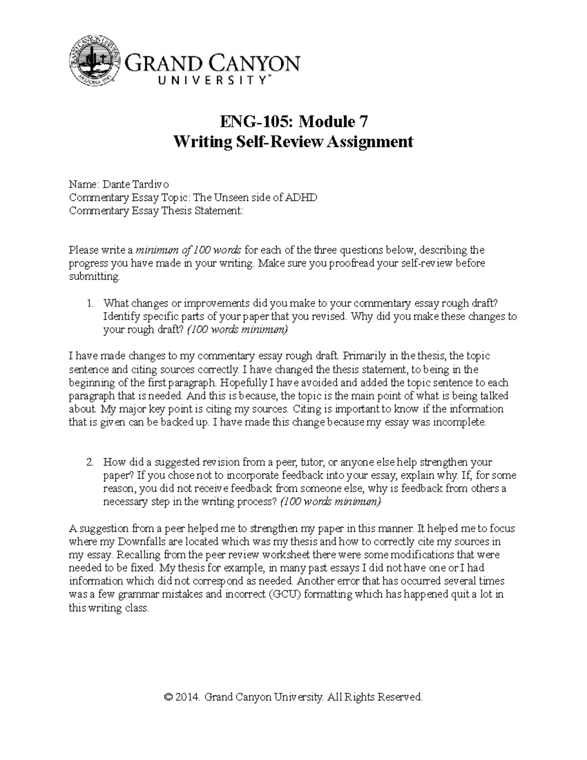 ENG105 Self Review Assignment Final - ENG-105: Module 7 Writing Self ...