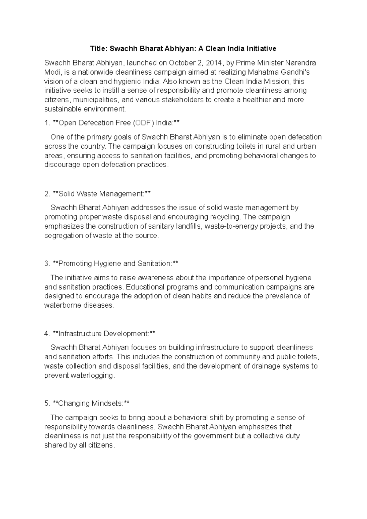 Essay 4 - Title: Swachh Bharat Abhiyan: A Clean India Initiative Swachh ...