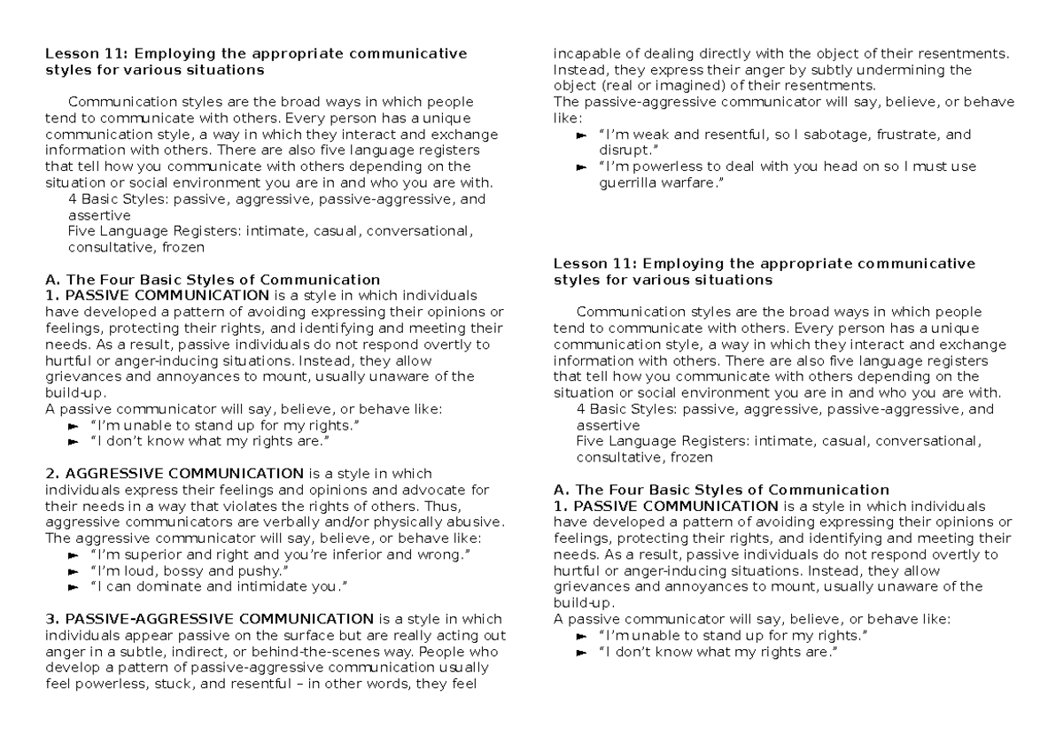 Lesson 11- Employing the appropriate communicative styles for various ...