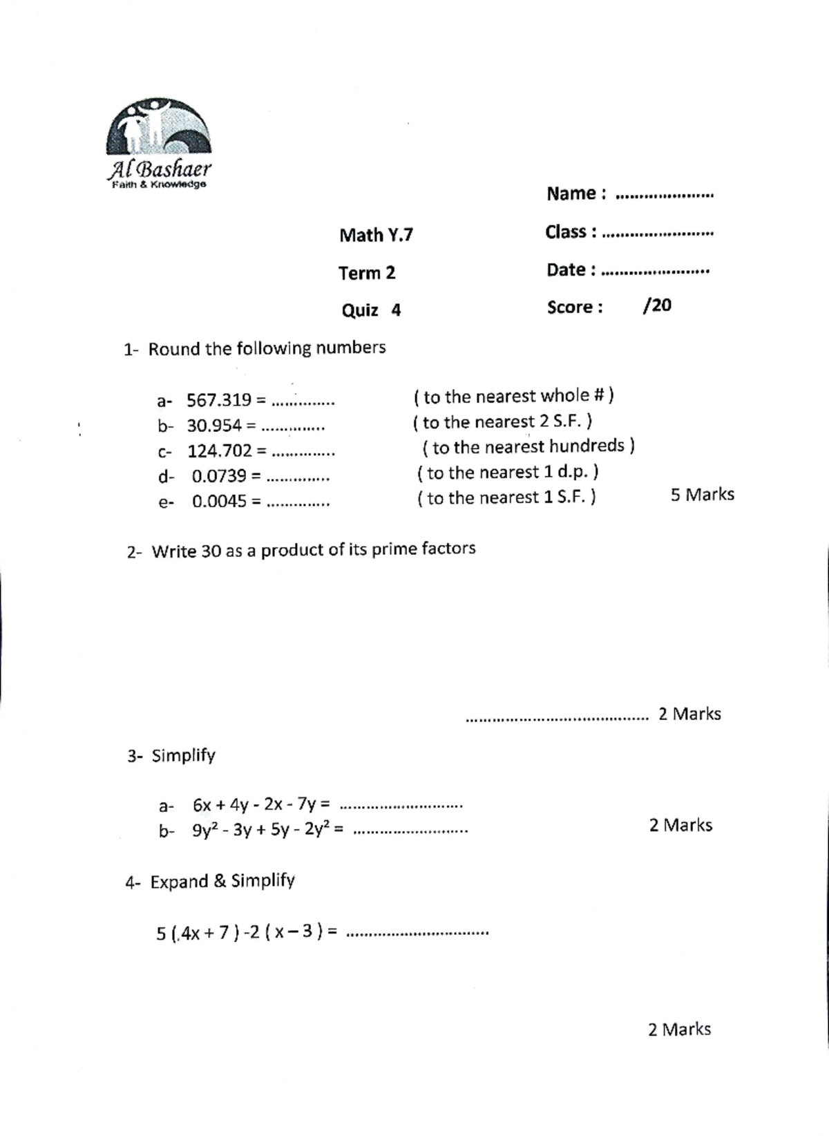 Term 2 - Quiz 4 (R) 2022011 6 Mathematics Year 7 - Jl[