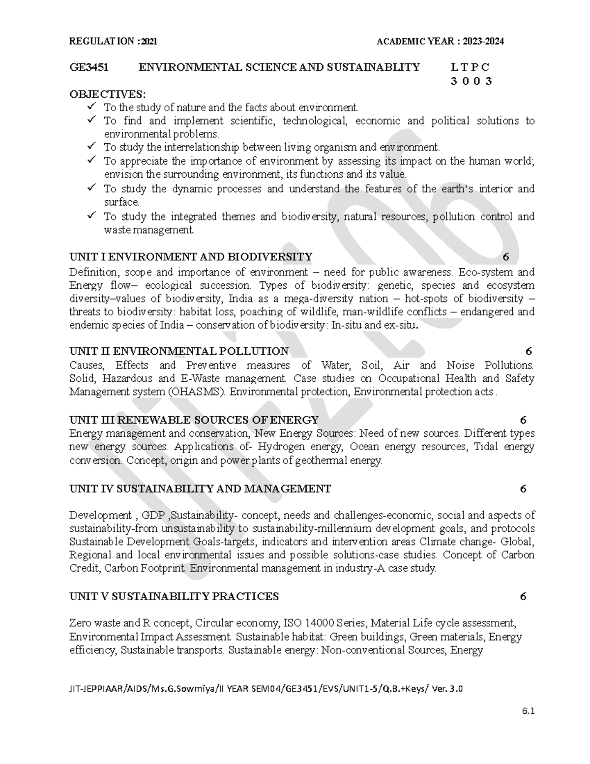 Evs Qb 2022 23 Ge3451 Environmental Science And Sustainablity L T P C 3 0 0 3 Objectives To 
