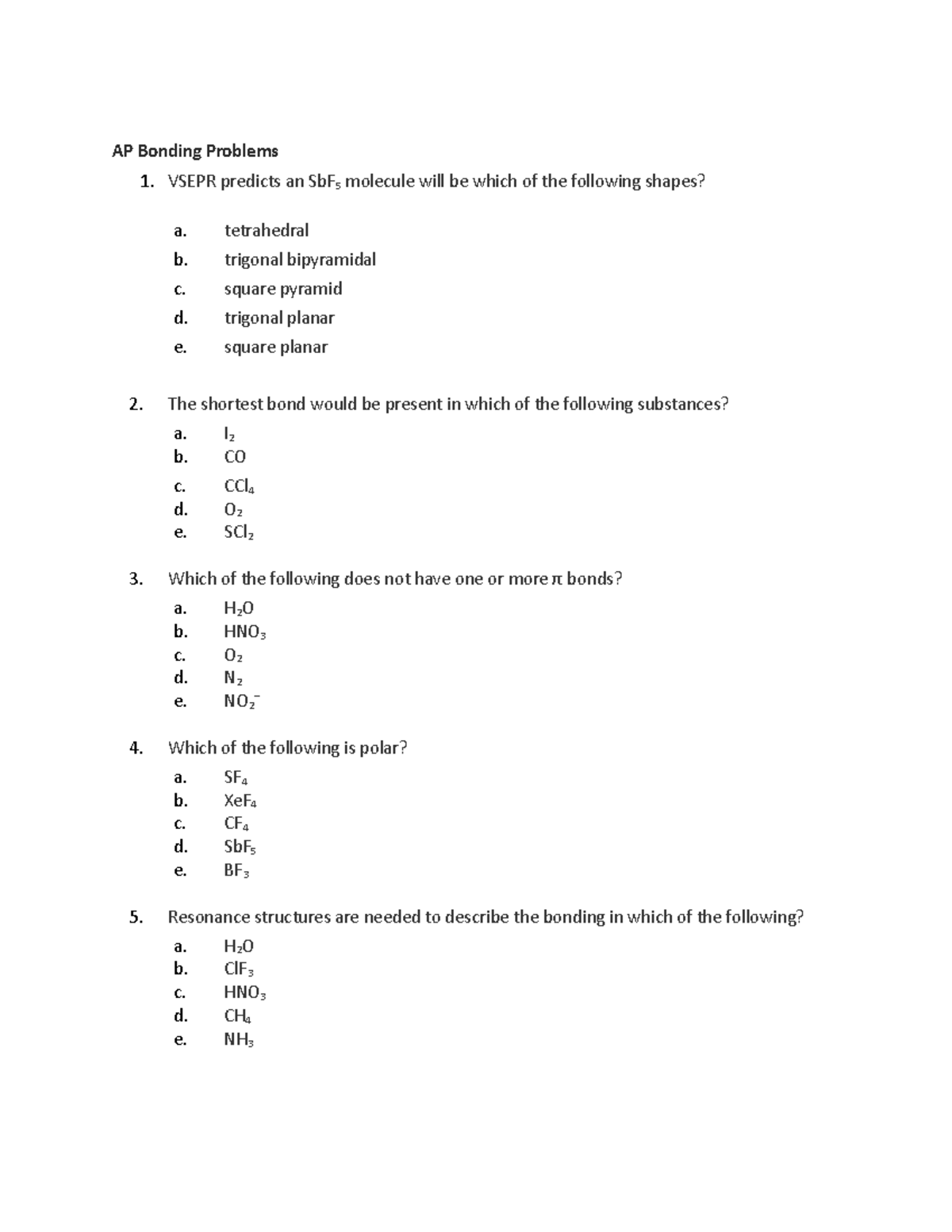 Ap bonding problems - good - AP Bonding Problems VSEPR predicts an SbF ...