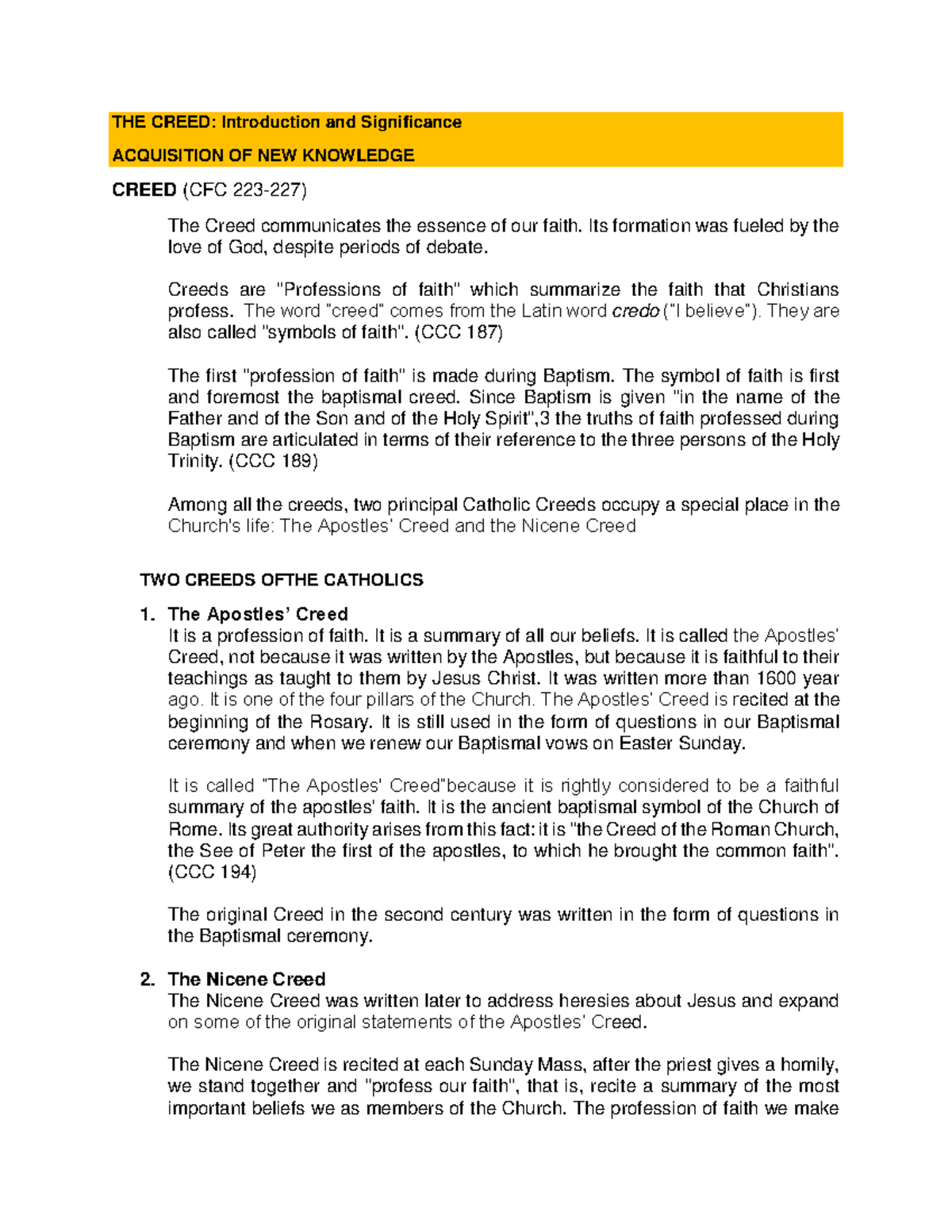 Intro TO Creed - None - THE CREED: Introduction and Significance ...