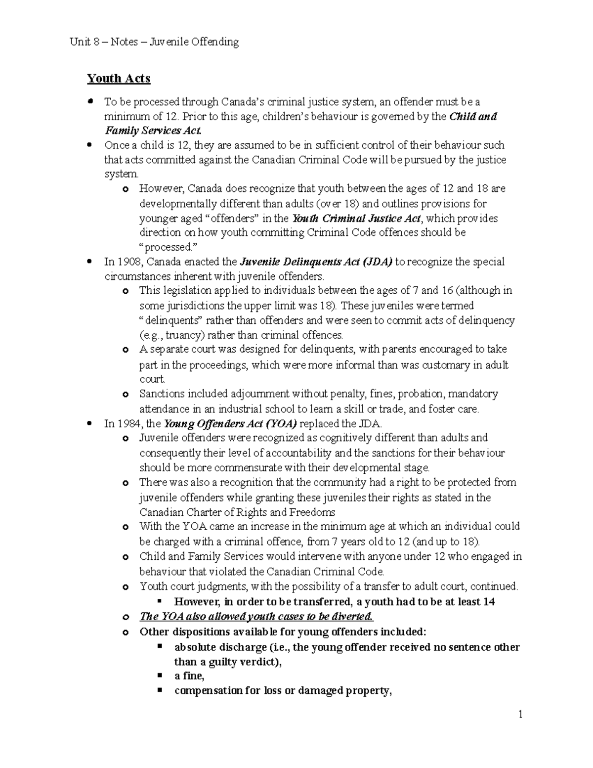 Unit 8 - Notes - Youth Acts To be processed through Canada’s criminal ...