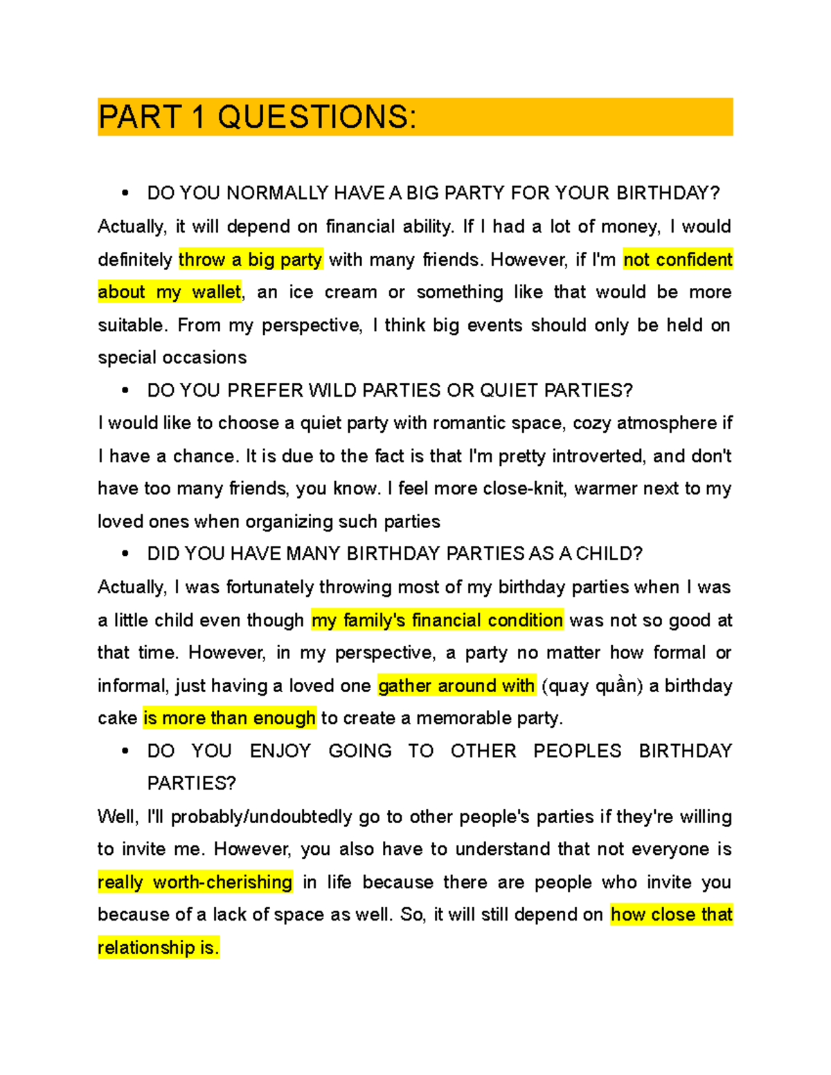 Speaking 14- Party - English - PART 1 QUESTIONS: DO YOU NORMALLY HAVE A ...