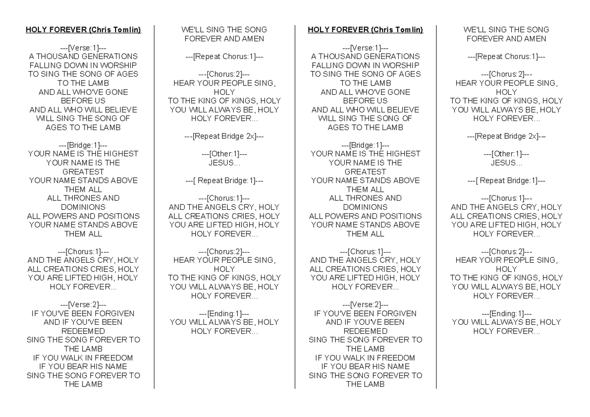 HOLY Forever - SONG LYRICS - HOLY FOREVER (Chris Tomlin) -[Verse:1]- A ...