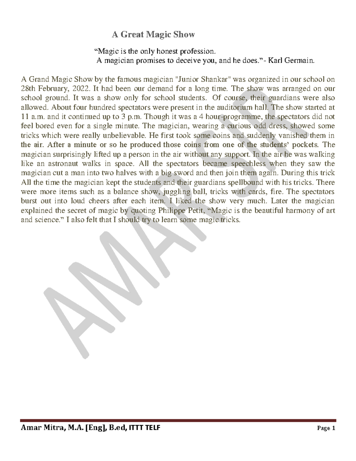 A Great Magic Show - Amar Mitra, M. [Eng], B, ITTT TELF Page 1 A Great ...