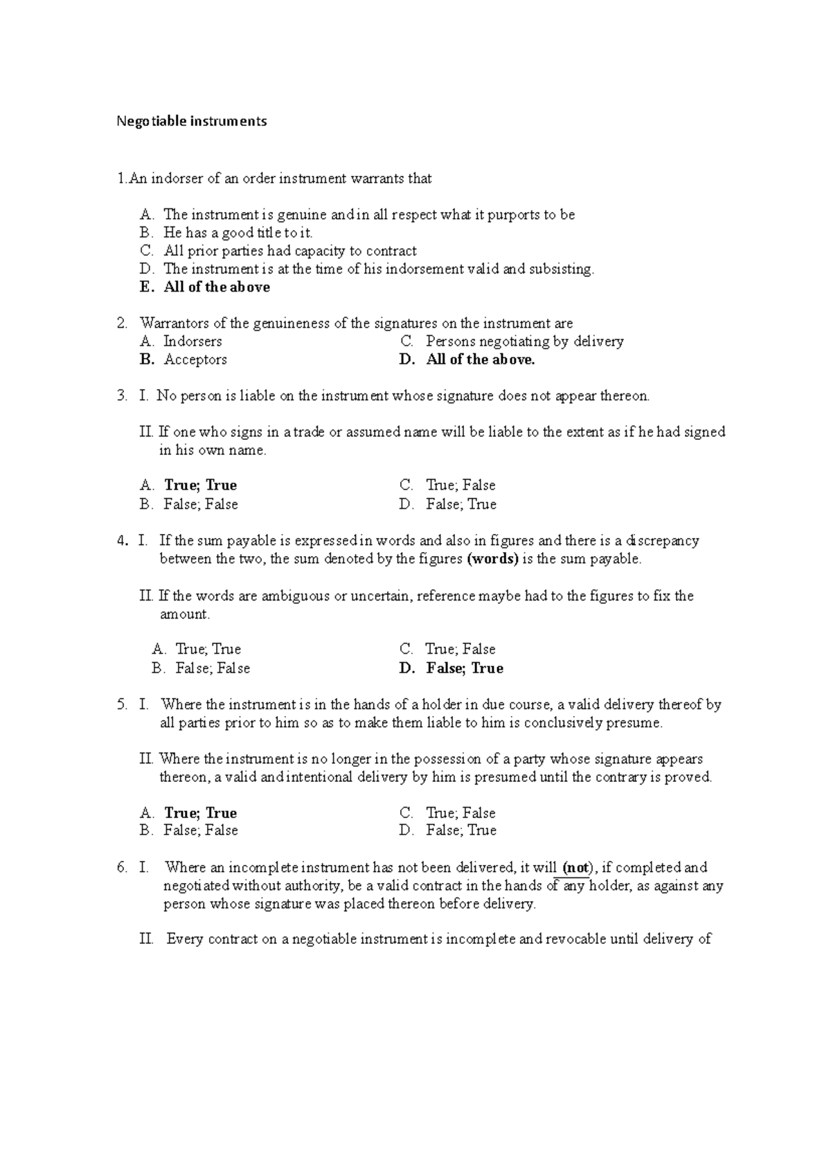 Test-bank-law-3-abano-n-a compress - Negotiable instruments 1 indorser ...