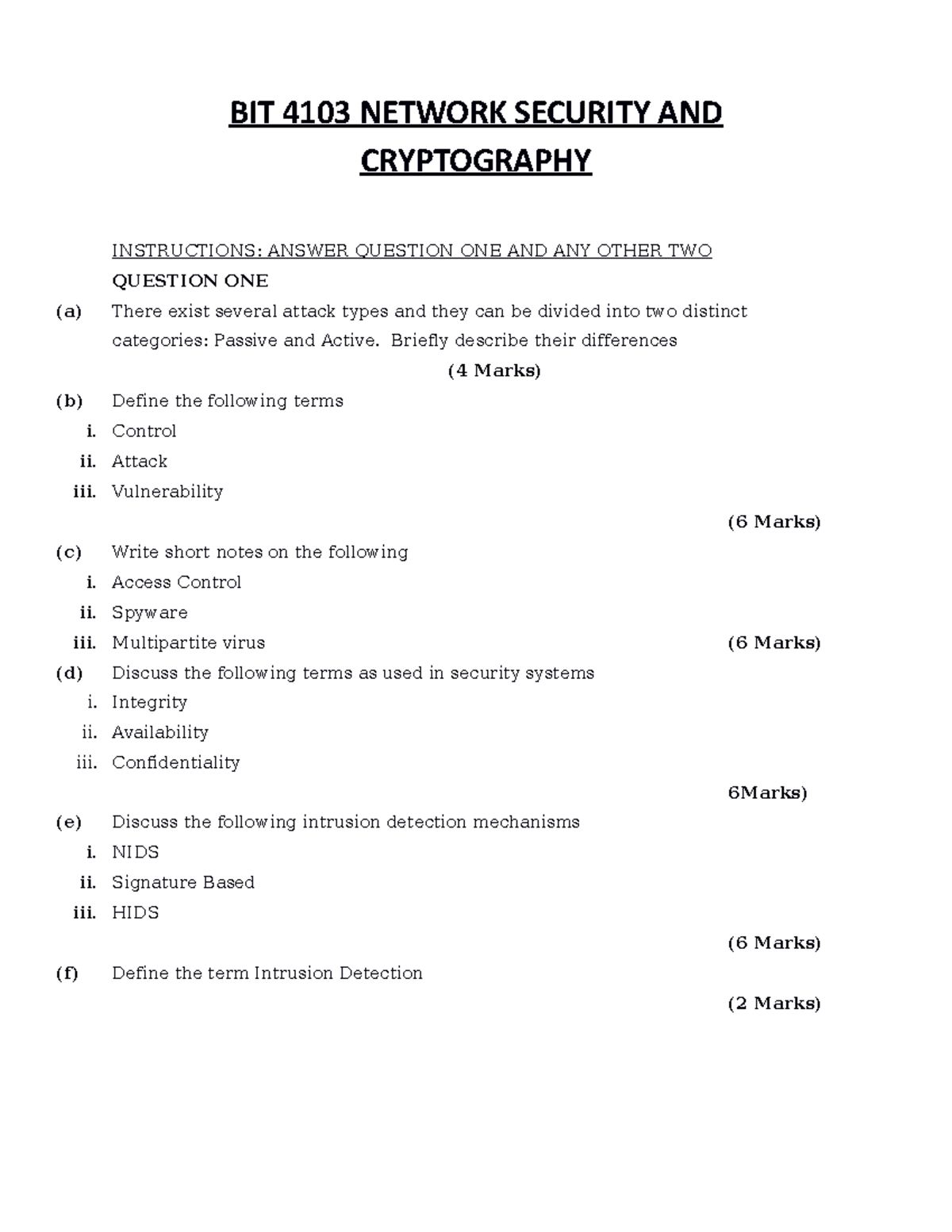 BIT 4103 Network Security AND Cryptography Paper TWO - BIT 4103 NETWORK SECURITY AND ...
