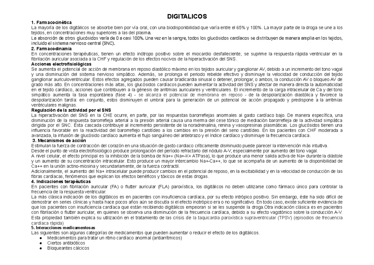 Digitalicos - Resumen Farmacología - DIGITALICOS 1. Farmacocinética La ...