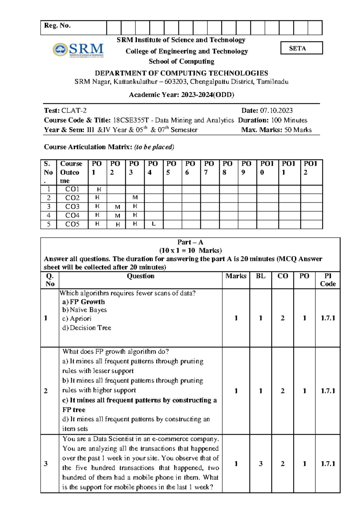 CT2 Combined - ......... - Reg. No. SRM Institute of Science and Technology College of ...