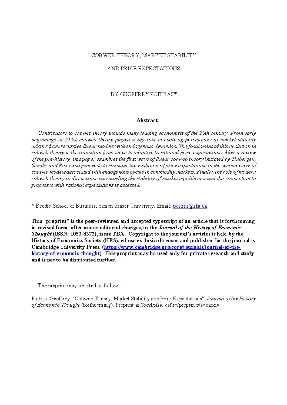 Typescript - Cobweb model - COBWEB THEORY, MARKET STABILITY AND PRICE ...