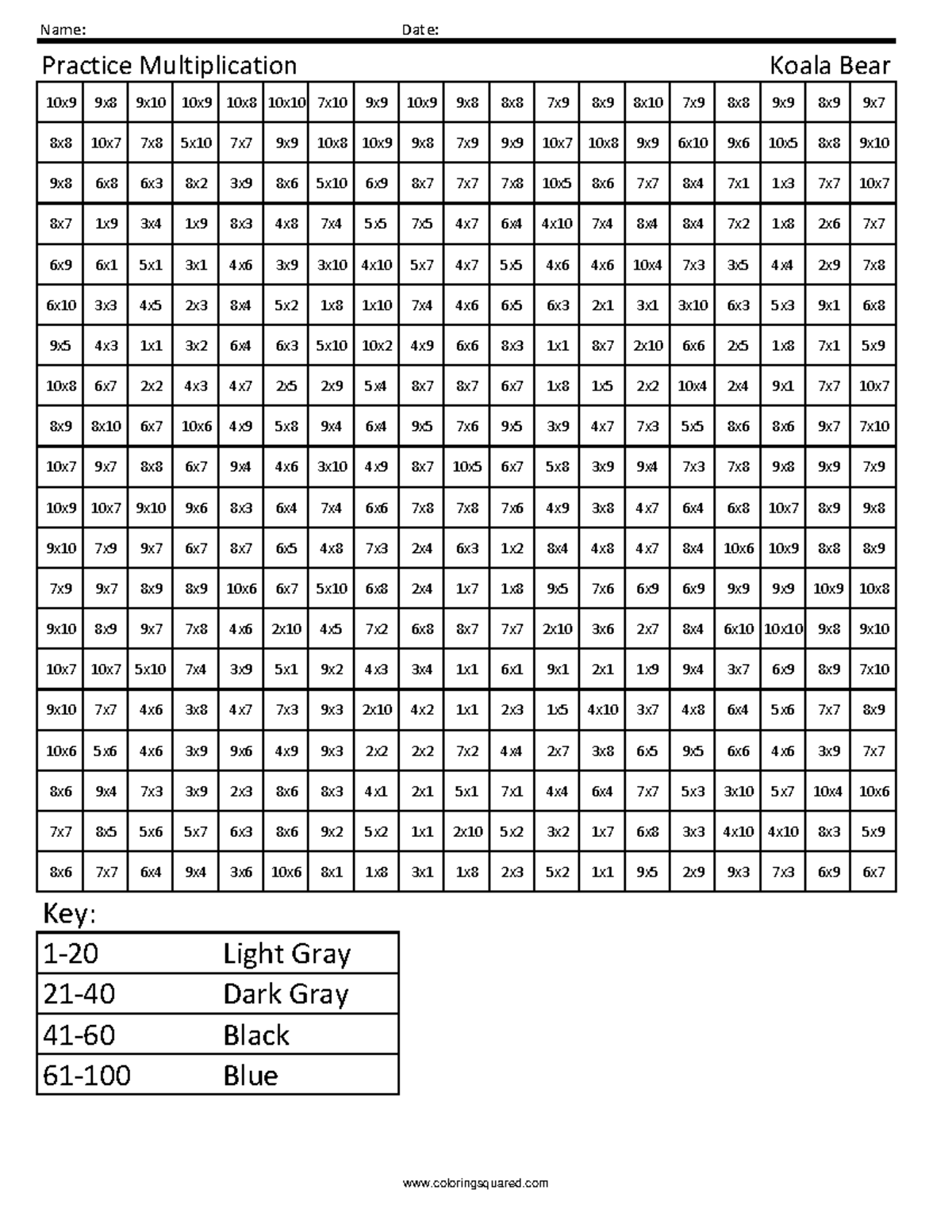 4G3 Multiplication Koala Bear 4th grade math - Name: Date: Practice ...