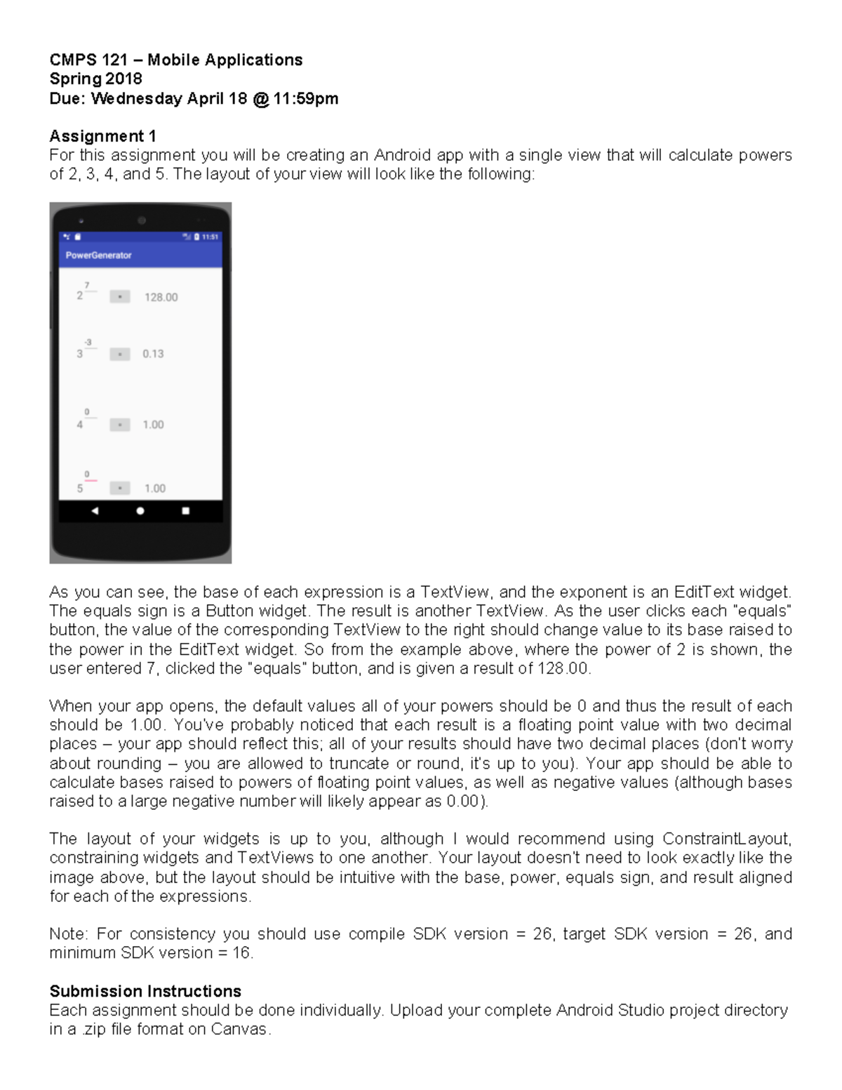 Assignment 1 CMPS 121 - CMPS 121 – Mobile Applications Spring 2018 Due ...
