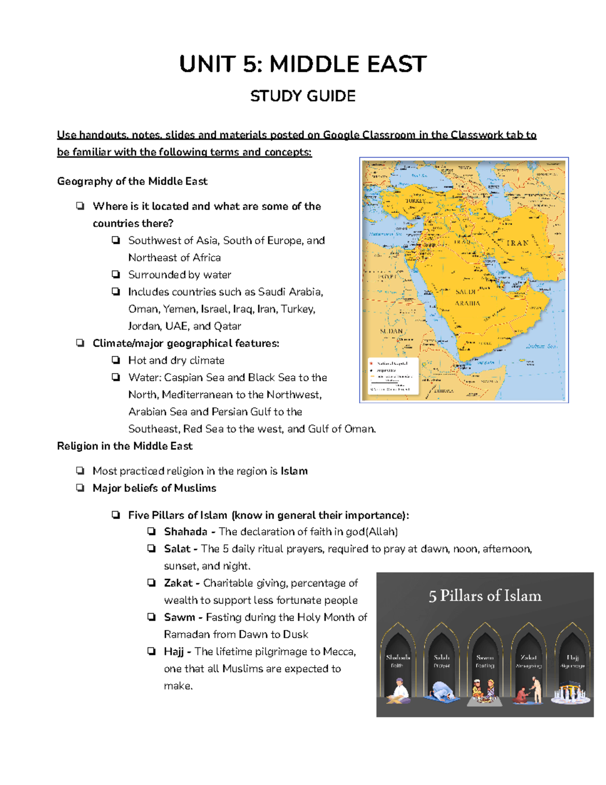 Unit 5 Middle East Study Guide - UNIT 5: MIDDLE EAST STUDY GUIDE Use ...