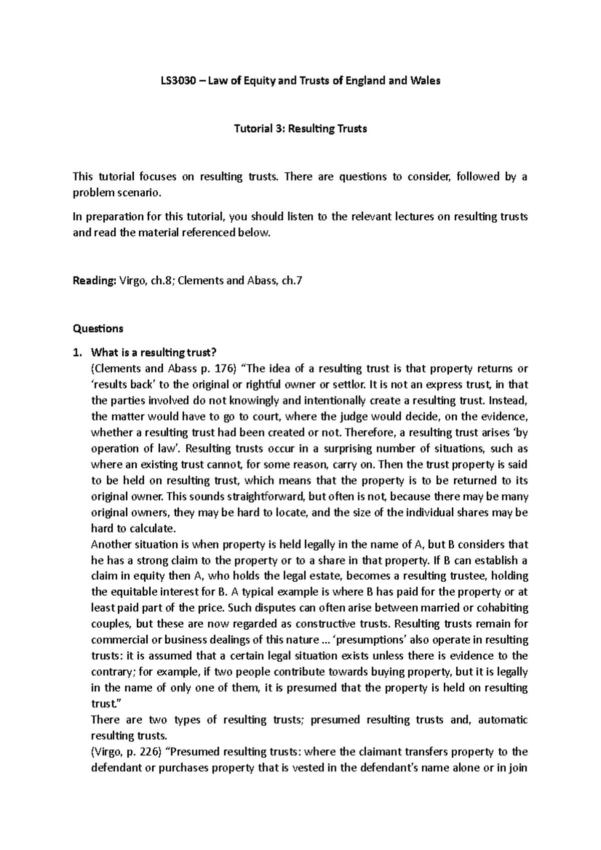 Tutorial 3 resulting trusts - LS3030 – Law of Equity and Trusts of ...
