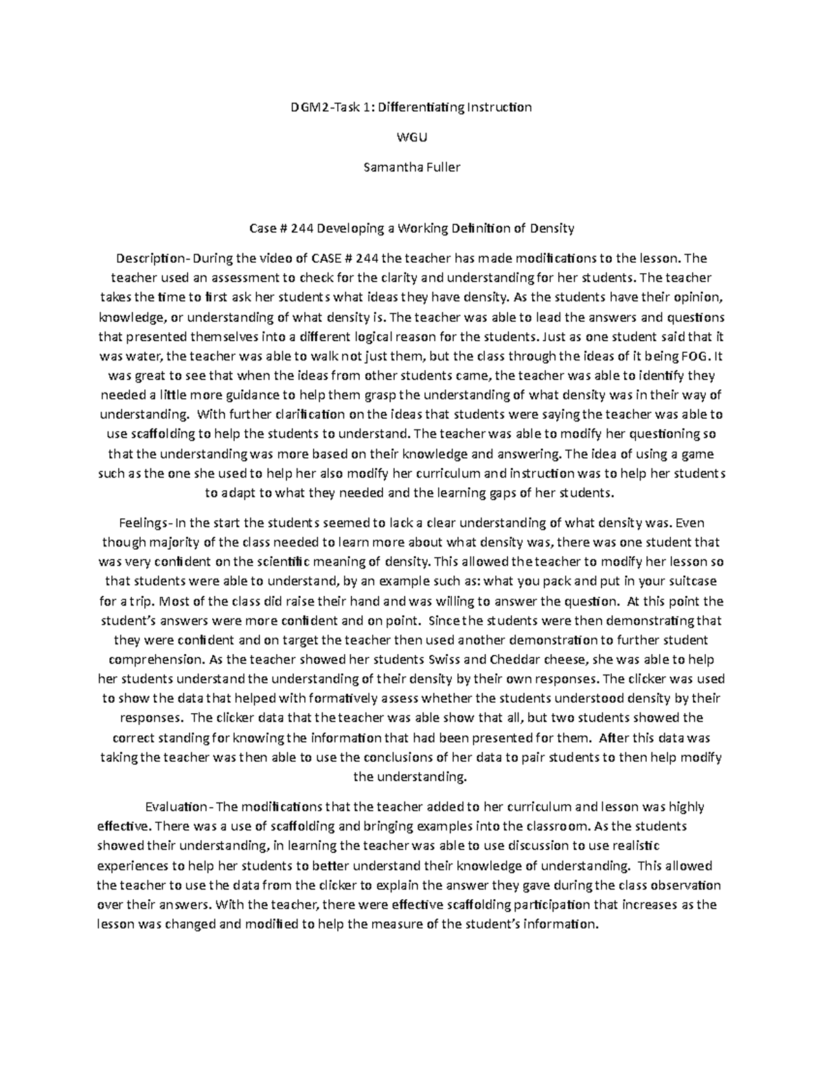 DGM2 Task 1 - N/a - DGM2-Task 1: Differentiating Instruction WGU Samantha Fuller Case # 244 ...