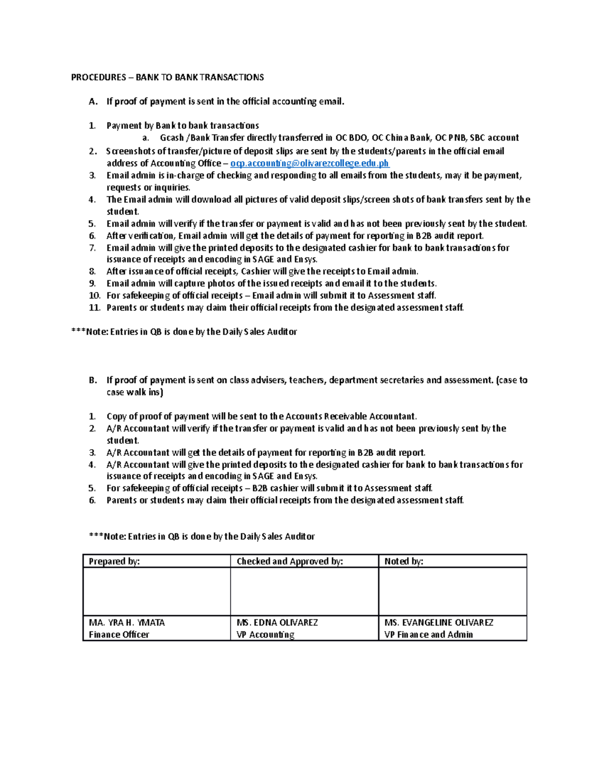 Procedures B2B - PROCEDURES – BANK TO BANK TRANSACTIONS A. If proof of ...