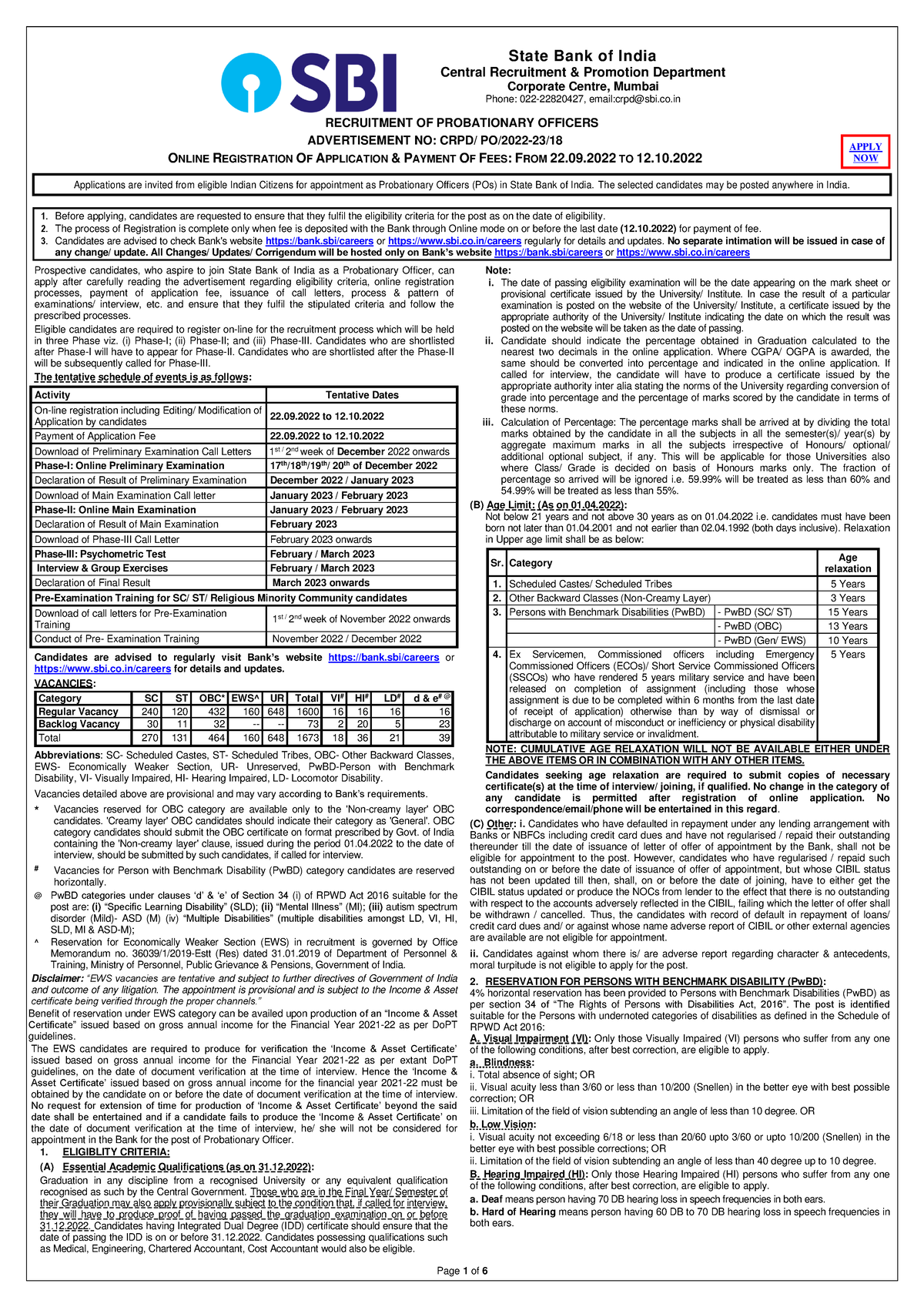 SBI PO 2022 Notification - State Bank of India Central Recruitment ...