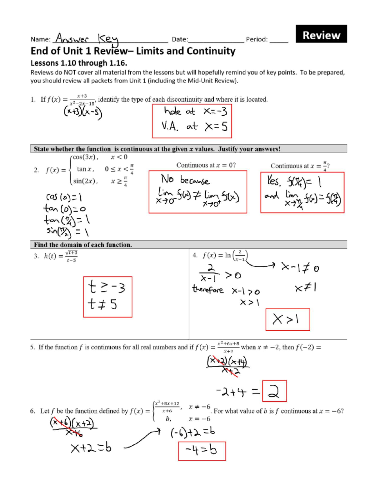 Calc end-of-unit 1 review solutions - Name: Answer Key Date: Period ...