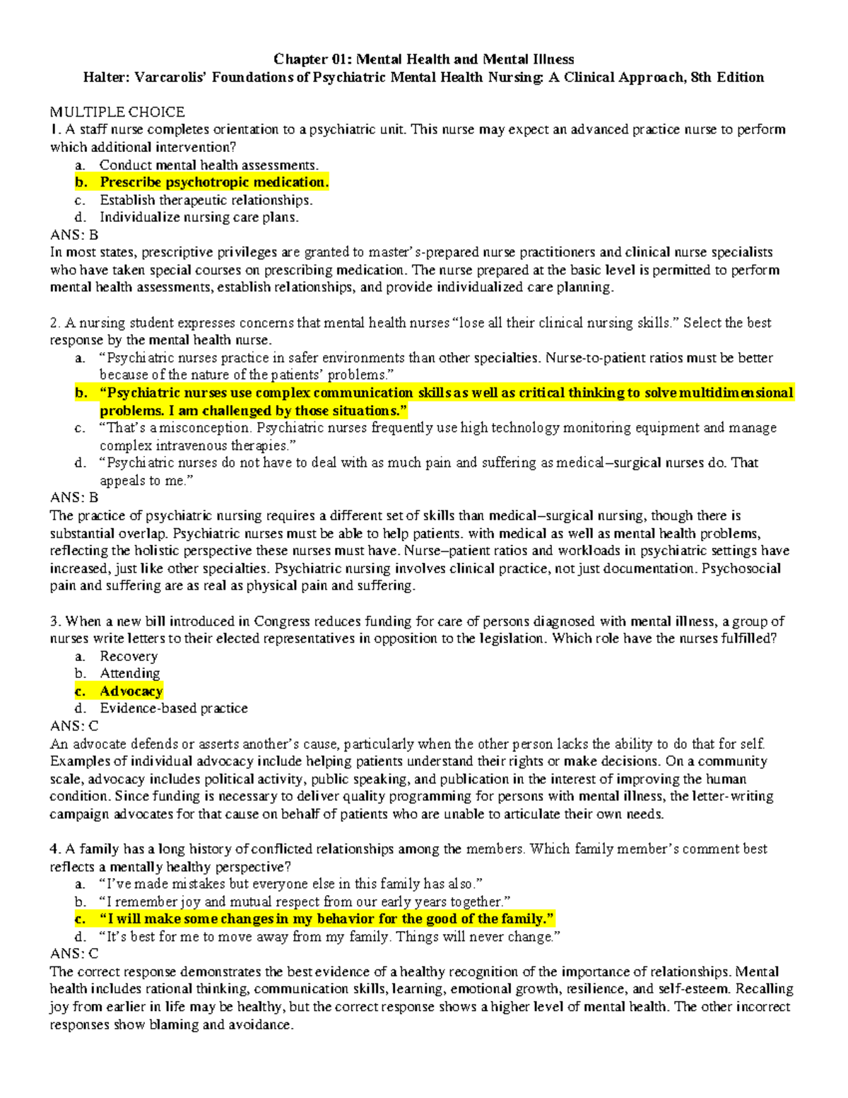 Chapter 01 - Test bank - Chapter 01: Mental Health and Mental Illness ...
