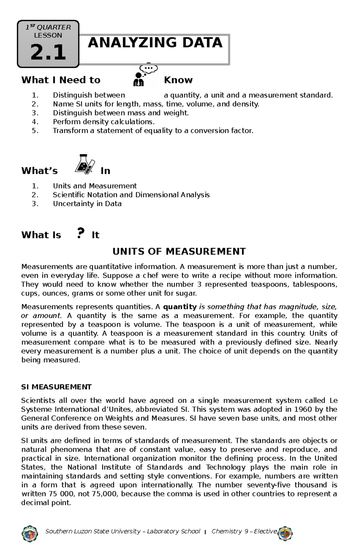 Lesson 2.1 Analyzing DATA - ANALYZING DATA What I Need to Know 1 ...