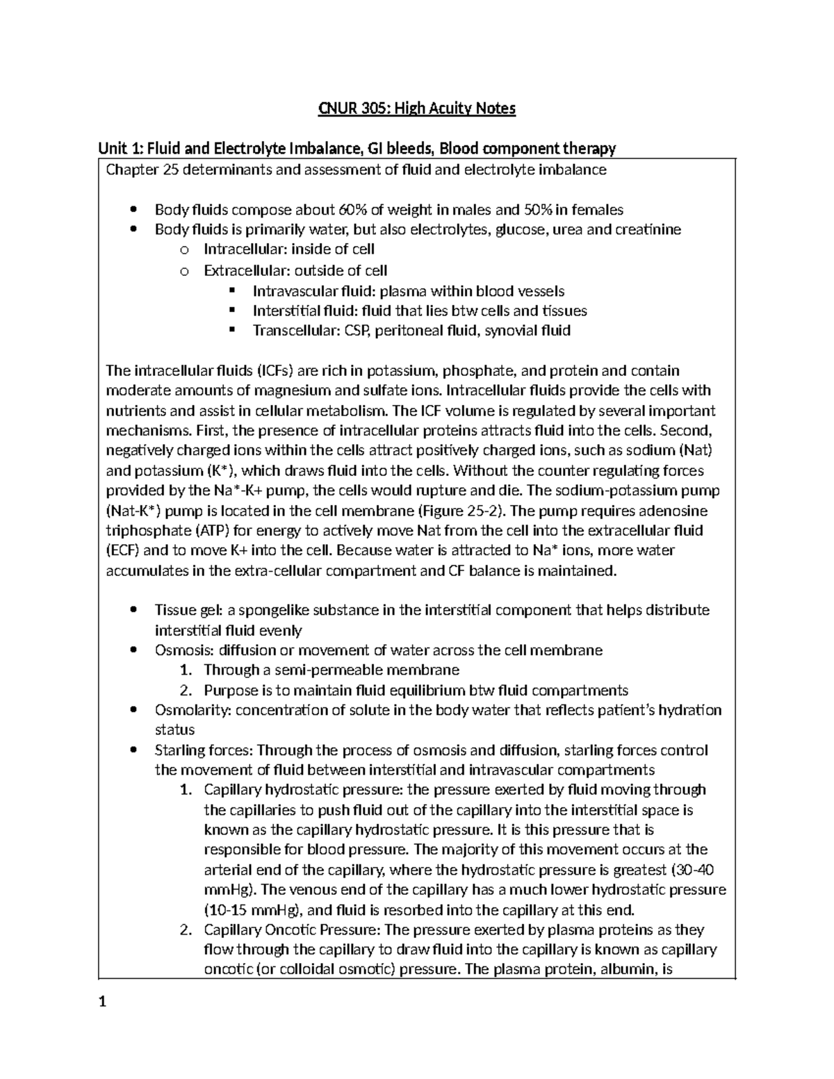 CNUR 305 Notes - CNUR 305: High Acuity Notes Unit 1: Fluid and ...