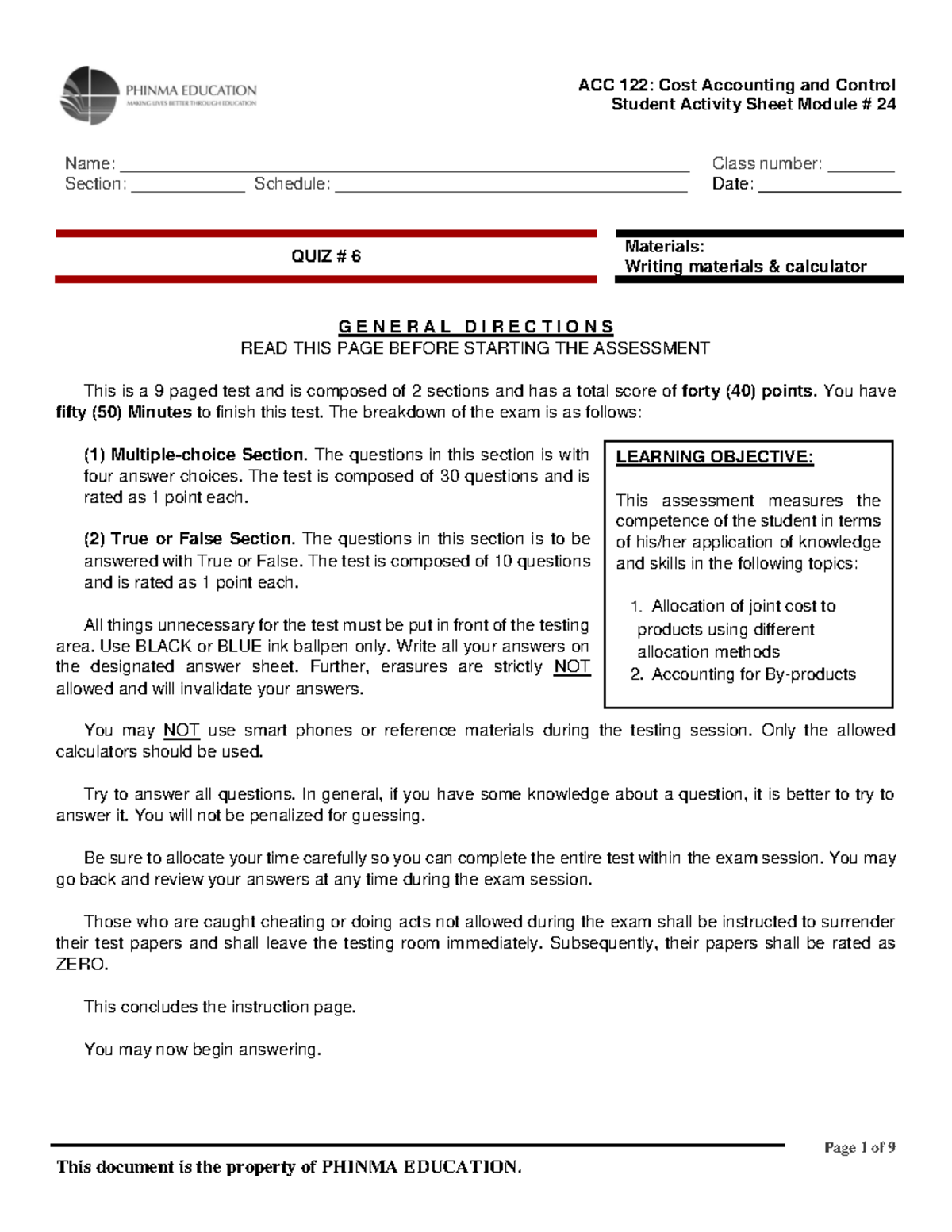ACC 122 SAS DAY 24 - QUIZ - Materials - Student Activity Sheet Module # 24 Name: - Studocu