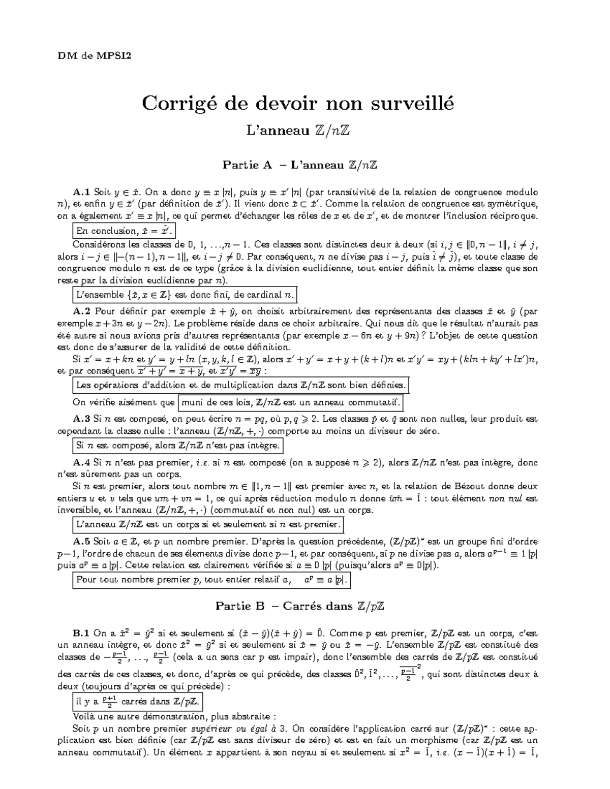 3-Anneau Z sur n Z Correction - DM de MPSI Corrig ́e de devoir non surveill ́e L’anneau Z/nZ ...
